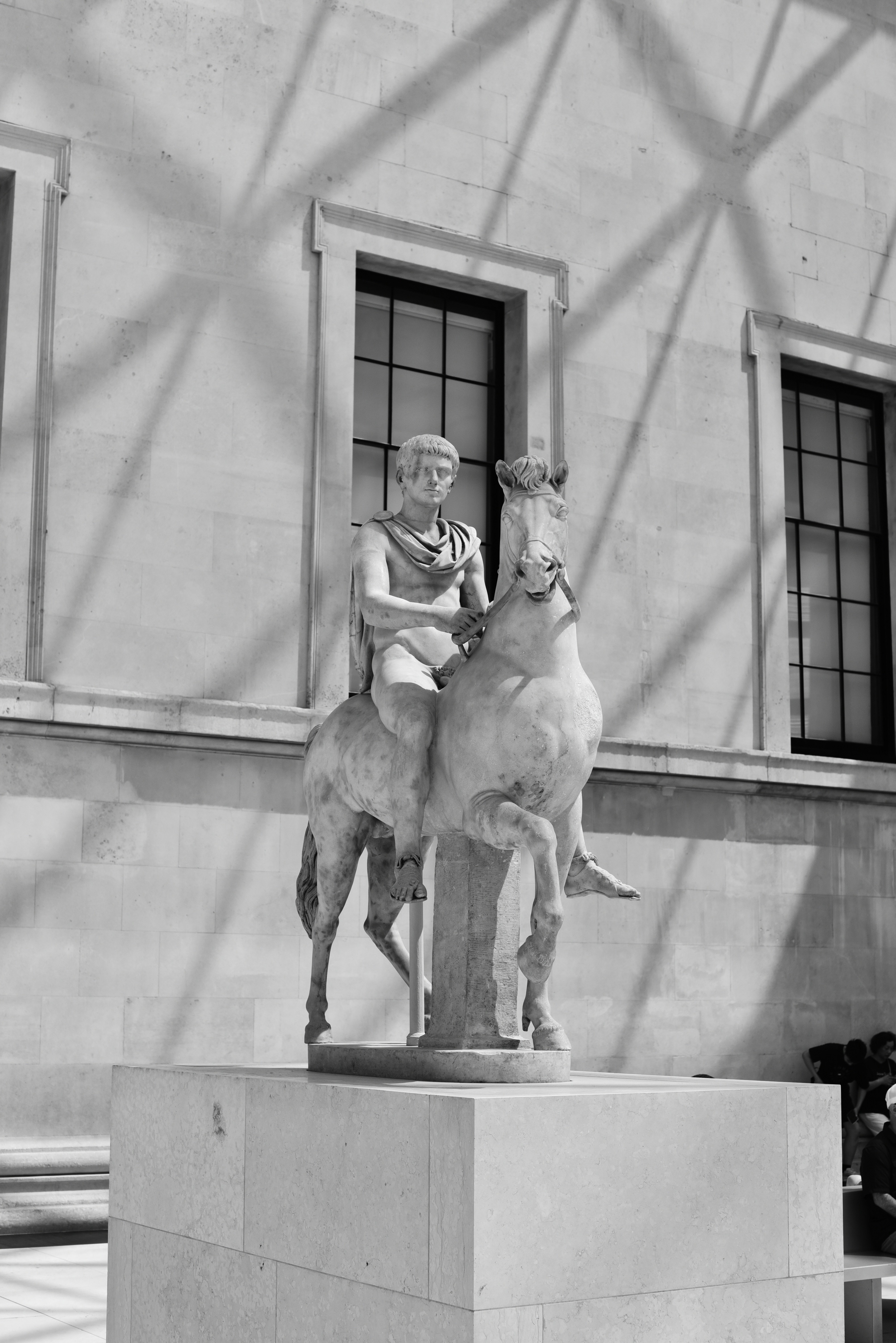 Equestrian Statue in Sunlit Museum Courtyard