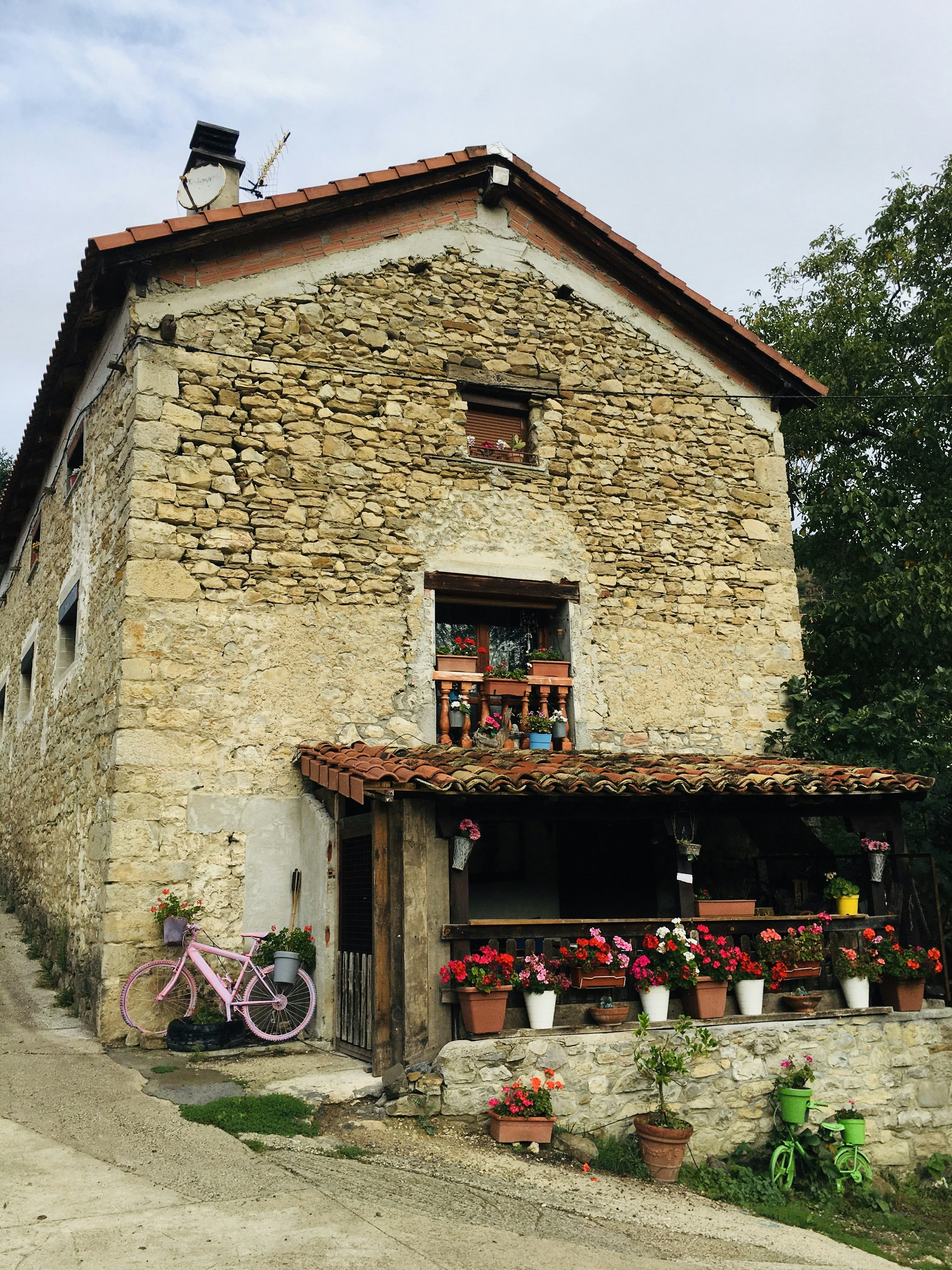 Stone Cottage with Flowered Façade and Pink Bicycle