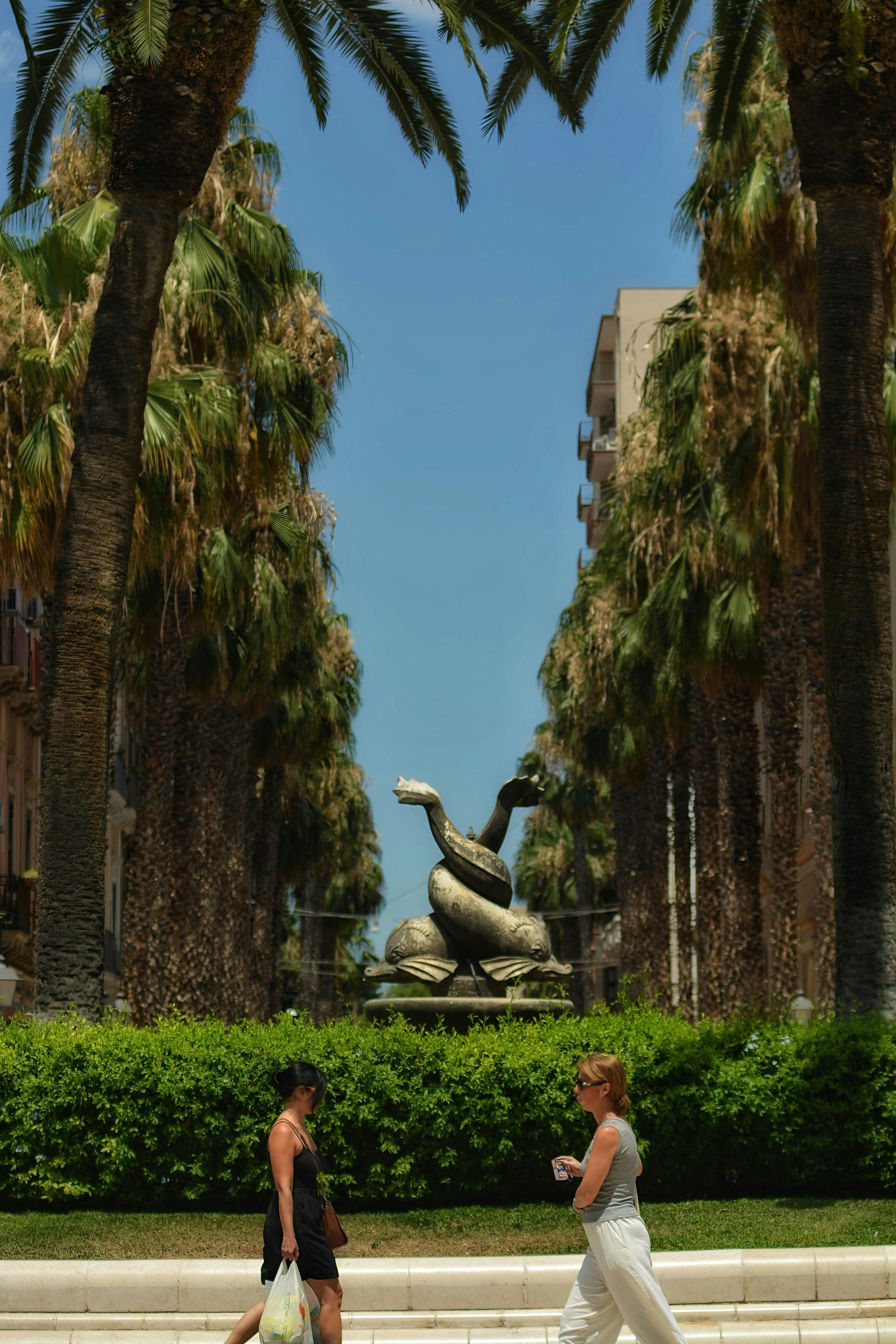 Palm-lined avenue and modern sculpture meet in a sunlit city square