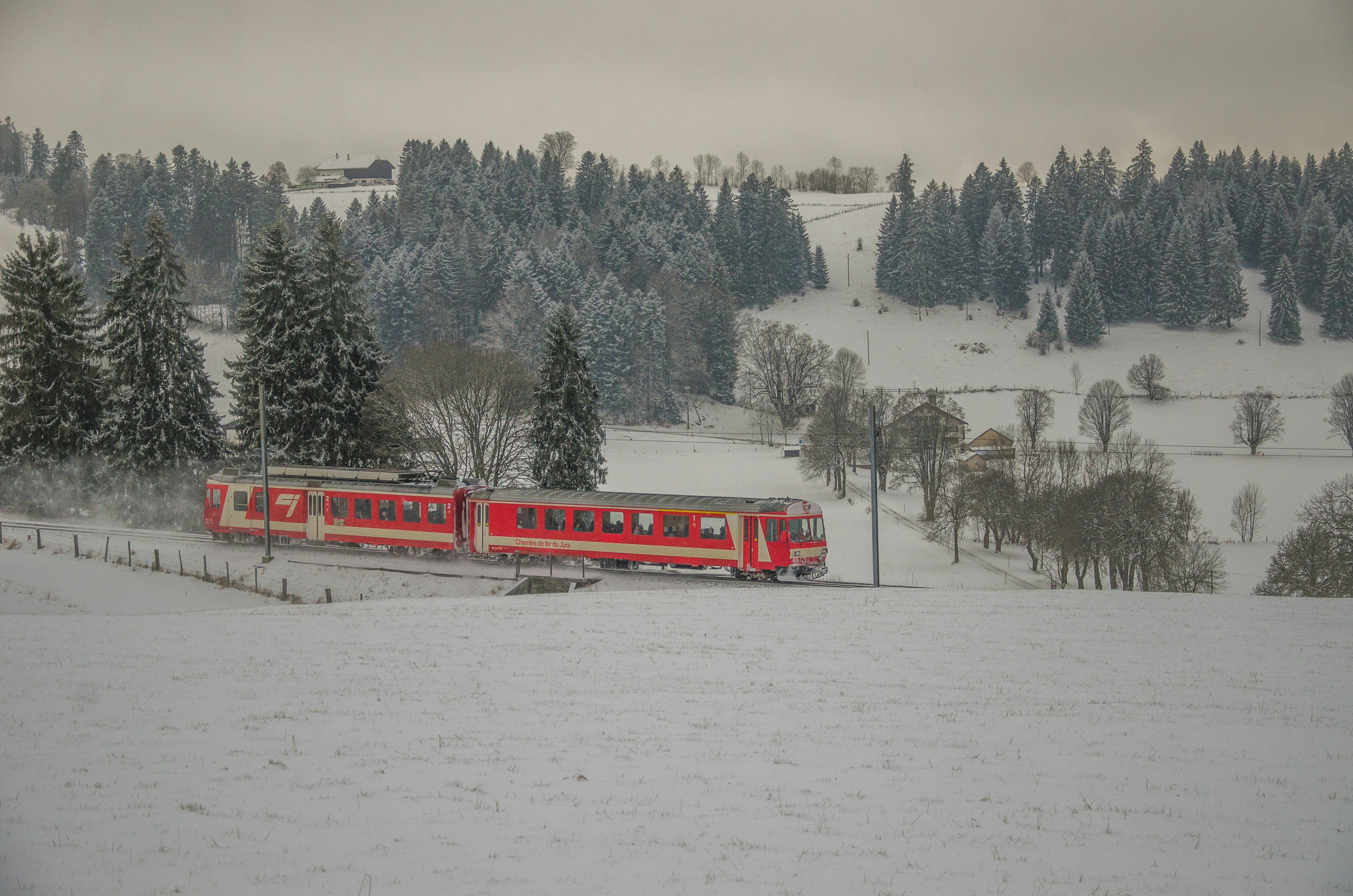 Red Passenger Train Wends Through Snowy Pines