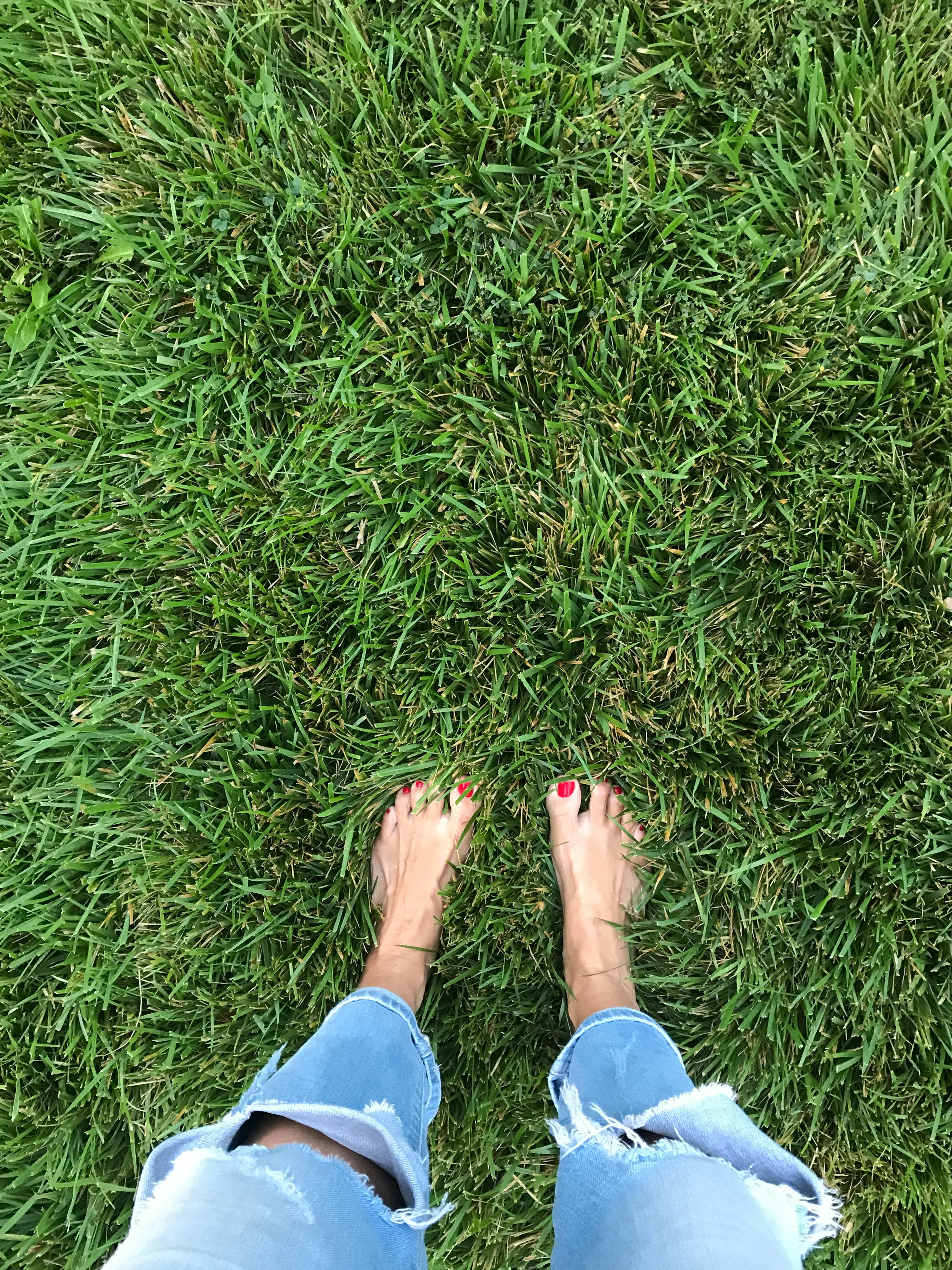 Person standing barefoot on lush green grass, wearing ripped jeans; toes painted red, viewed from above.