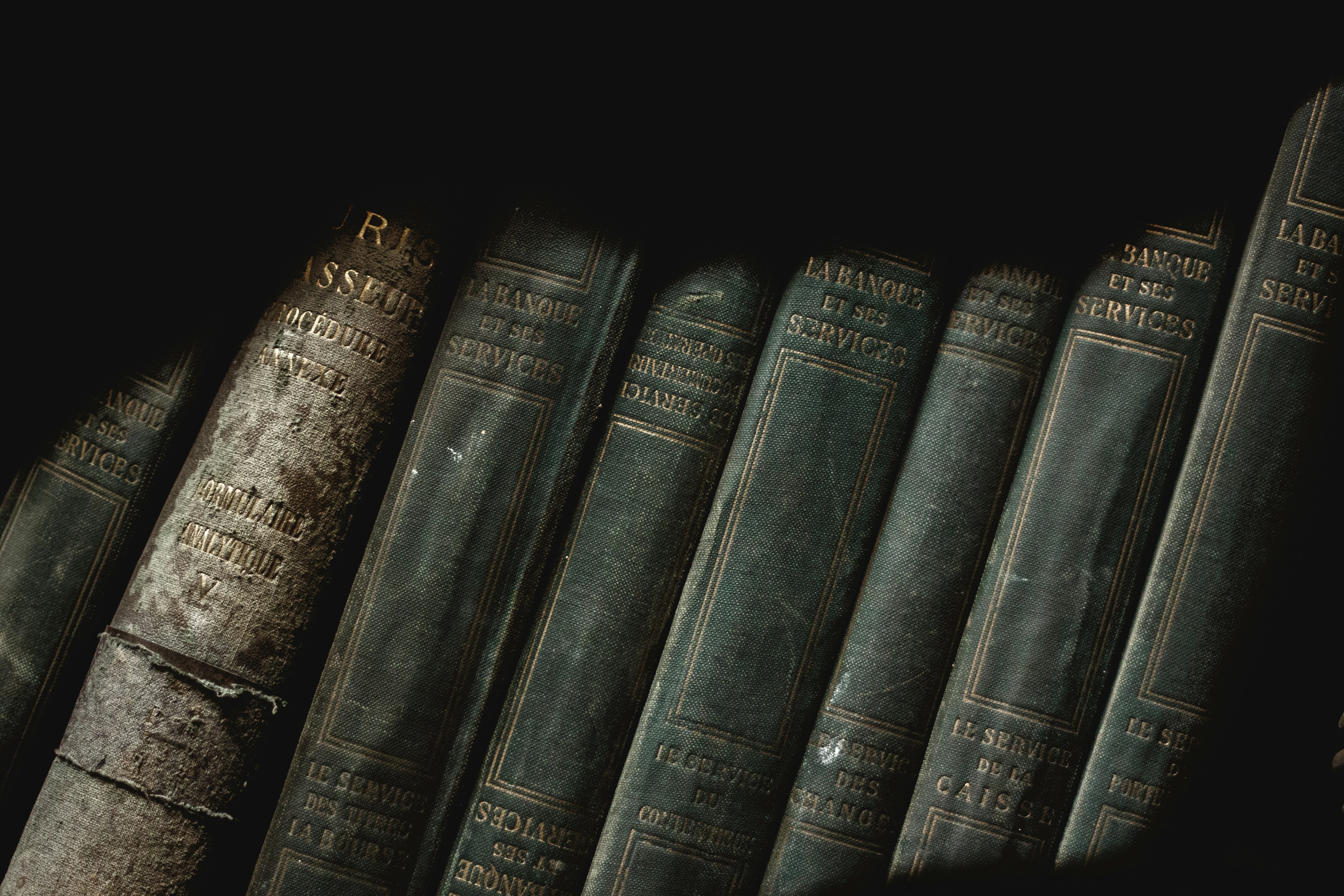 Looming Tomes: a row of aged legal volumes in shadow