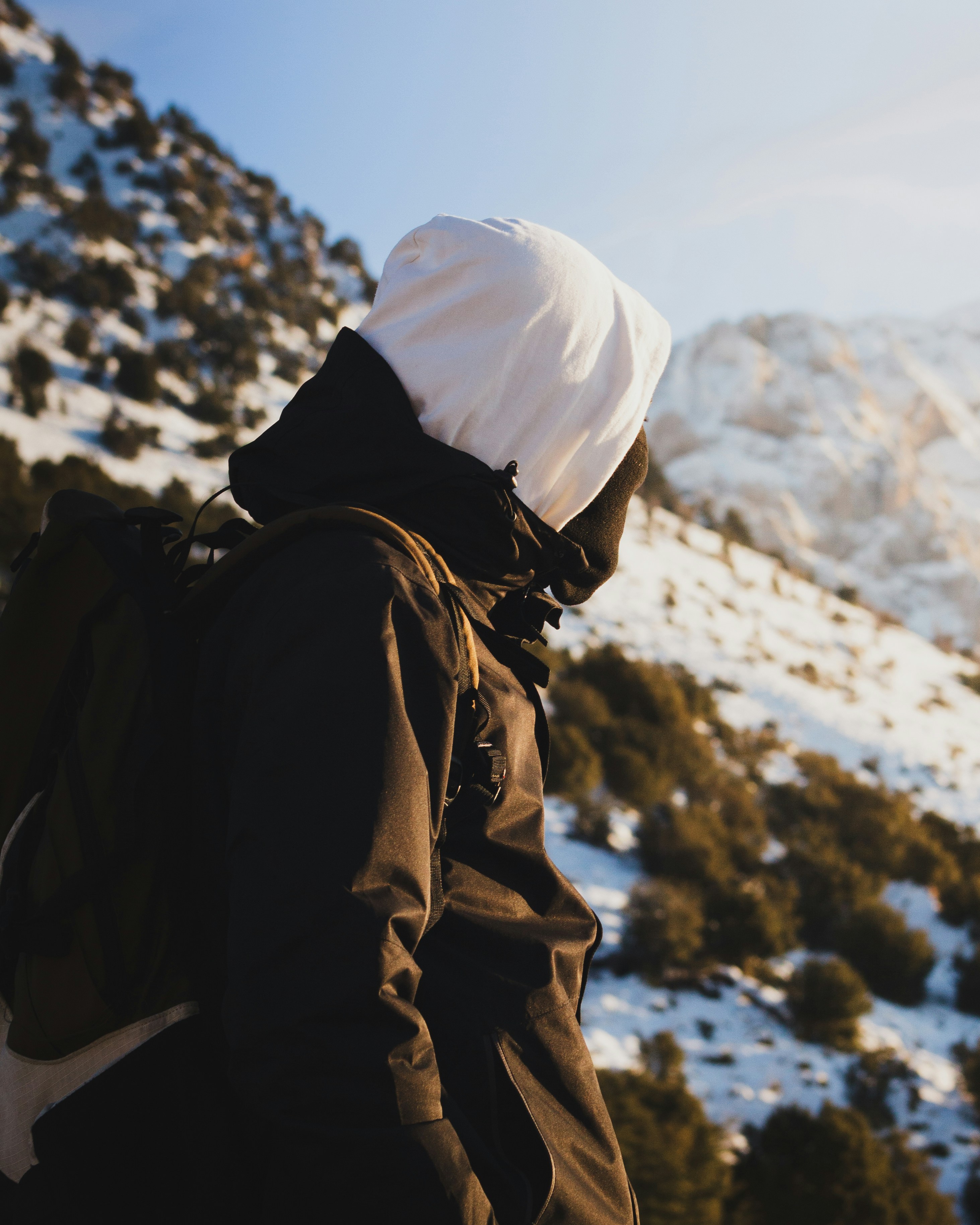 Snowbound Wanderer: A Winter Ascent Against a Pale Ridge