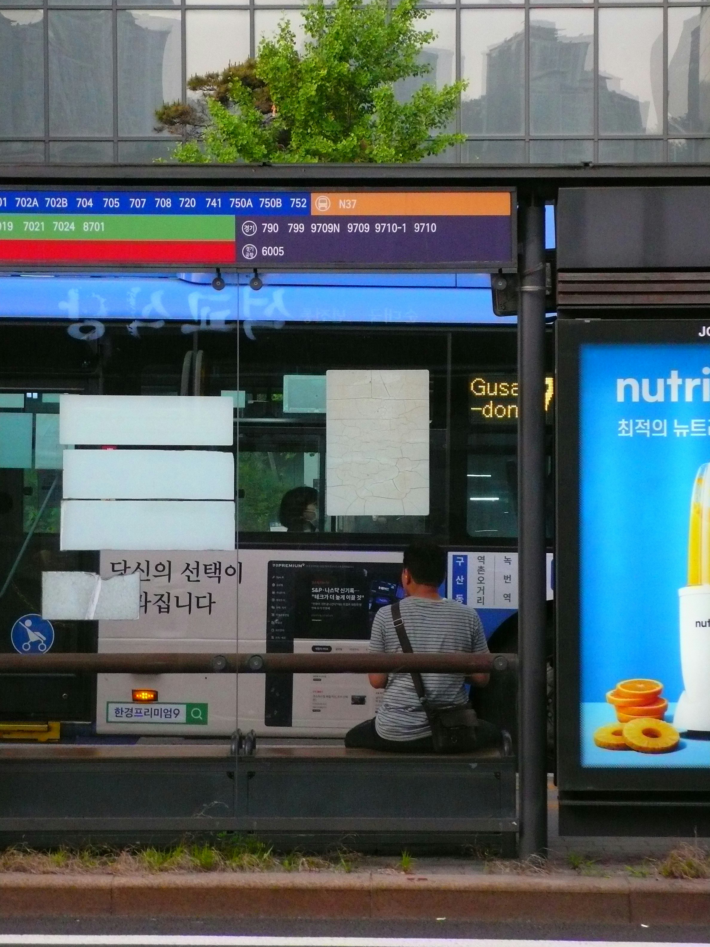 Bus Stop Portrait: A Man in Striped Shirt at a Korean Transit Platform