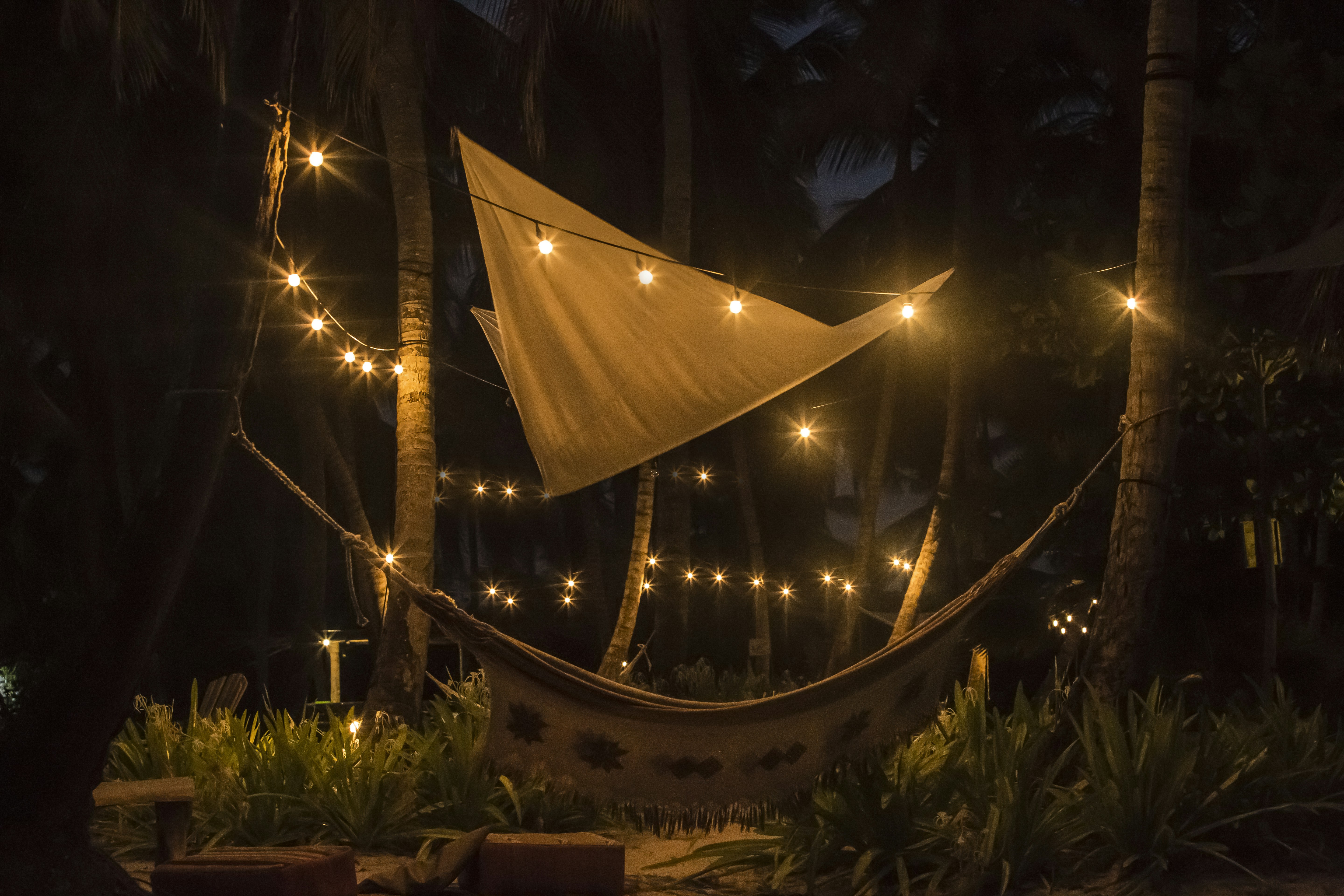 Moonlit Hammock under Tented Lanterns