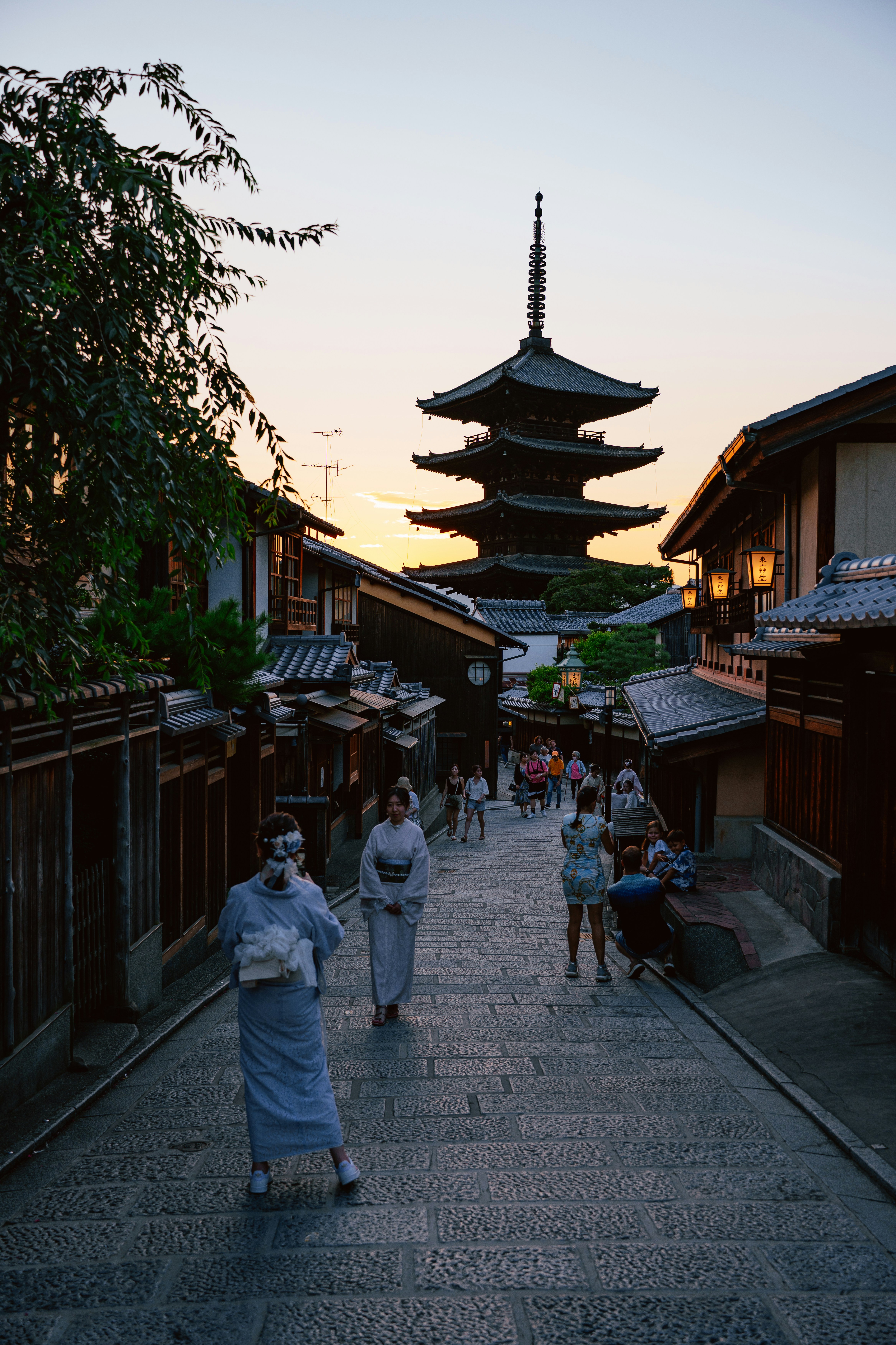 Sunset Stroll past a Pagoda: Quiet Street in Kyoto