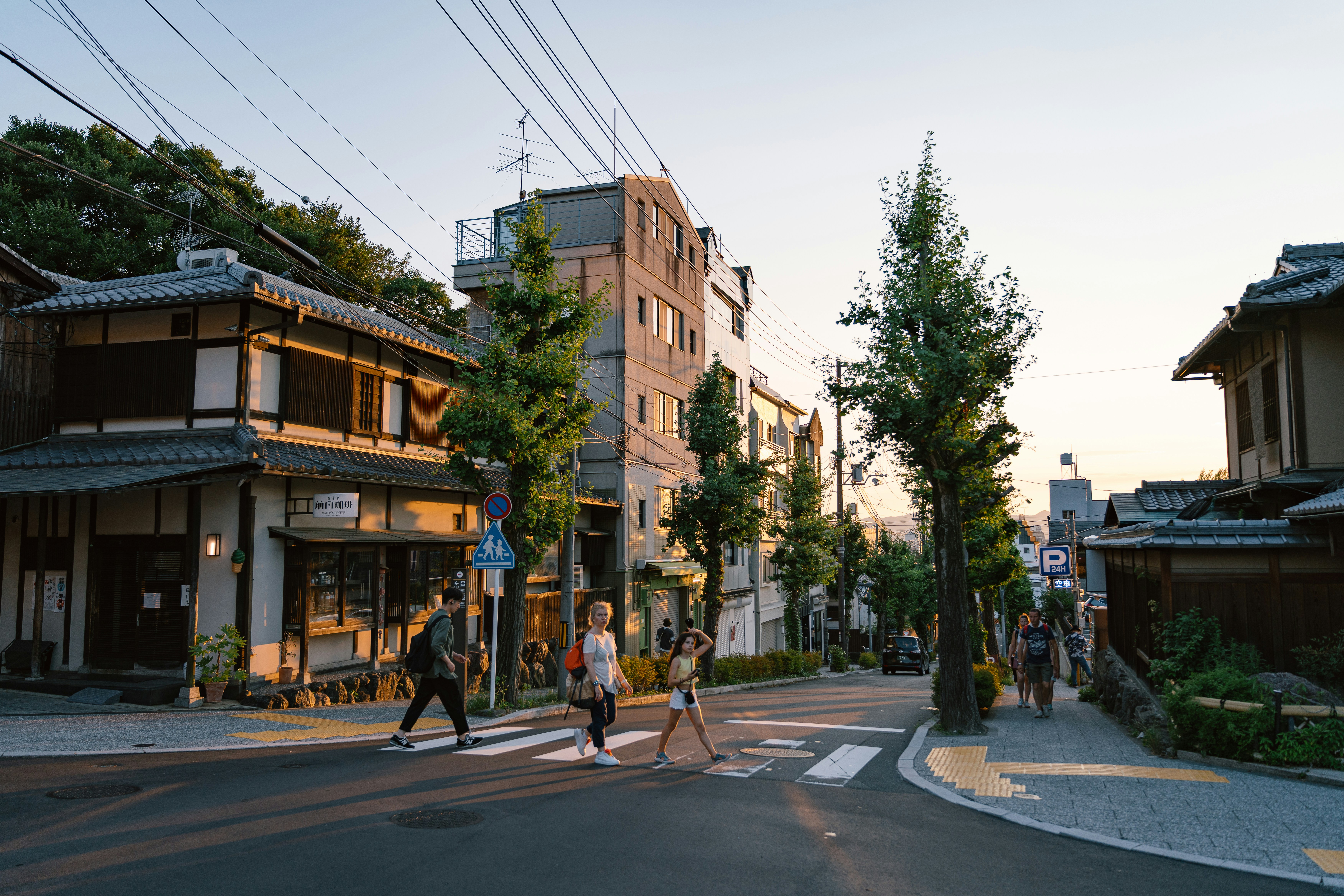 Crossing at Dawn: Quiet Street in a Traditional–Modern Kyoto-like Quarter