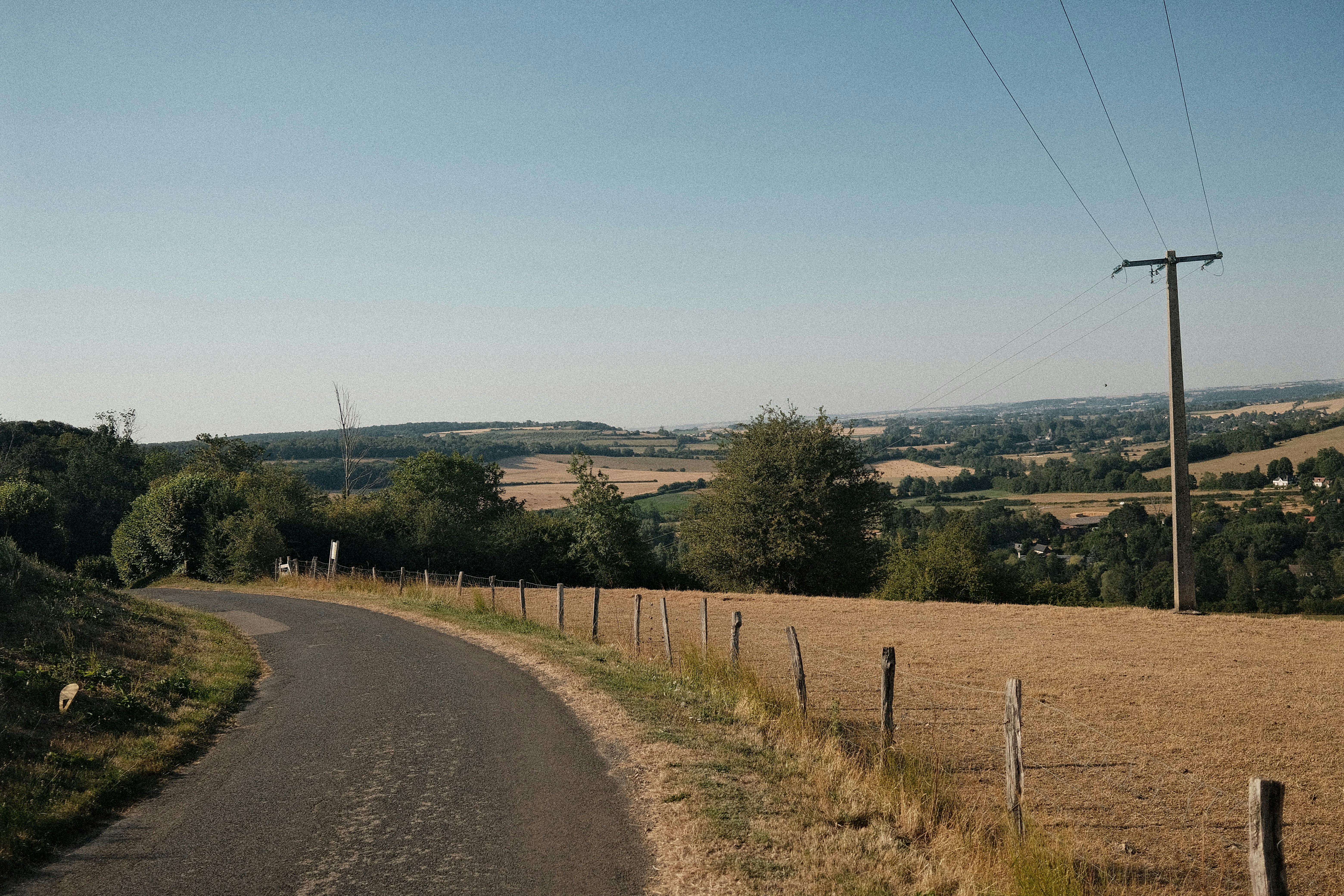 Rural Road Meanders Toward the Horizon Under a Clear Sky