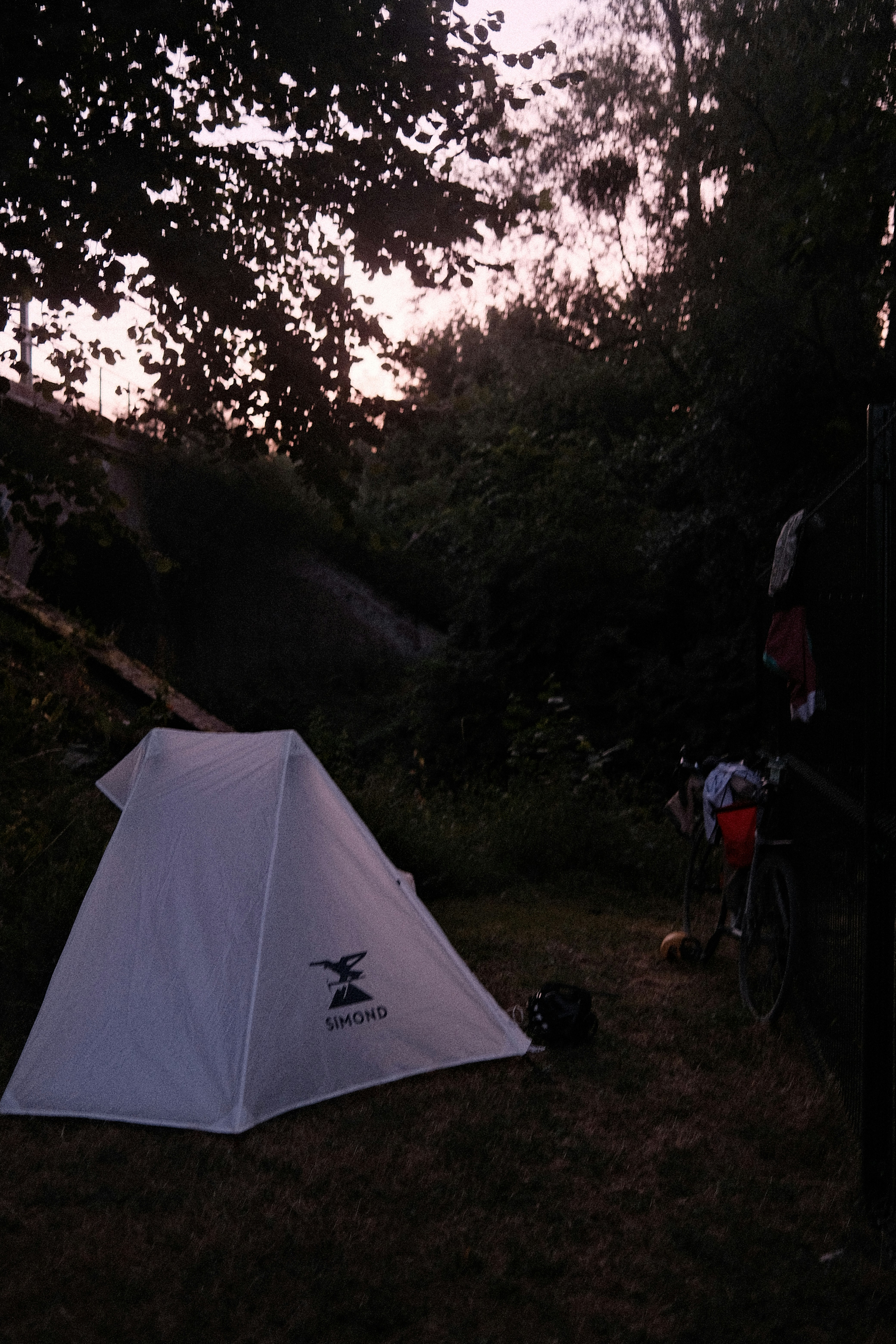 Silent Campsite at Dusk: A White Tent and Bicycle in Shadowed Clearing