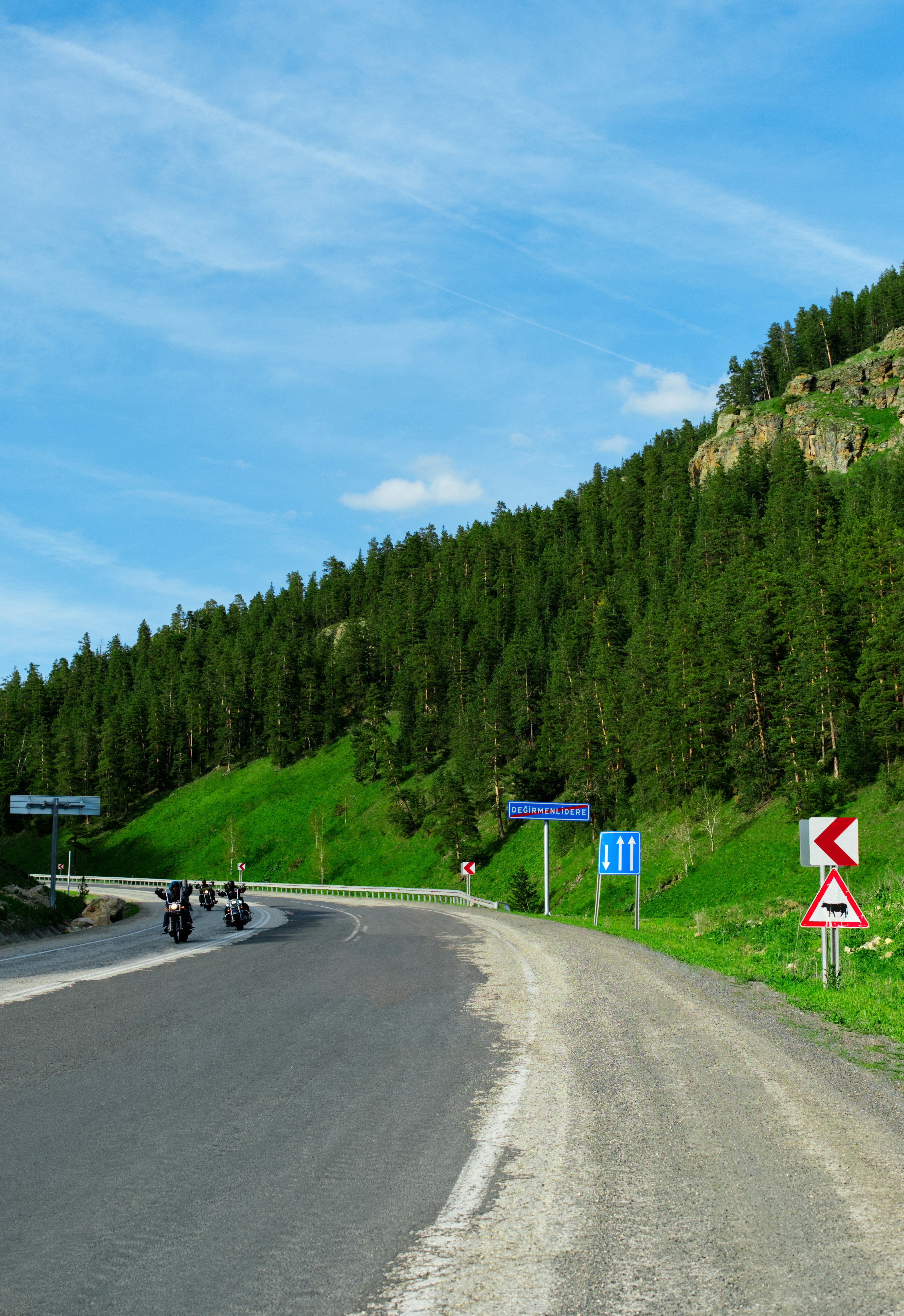 Wide-curved highway cutting through a hillside forest with motorcycles in the distance; blue sky and road signs visible along the bend.