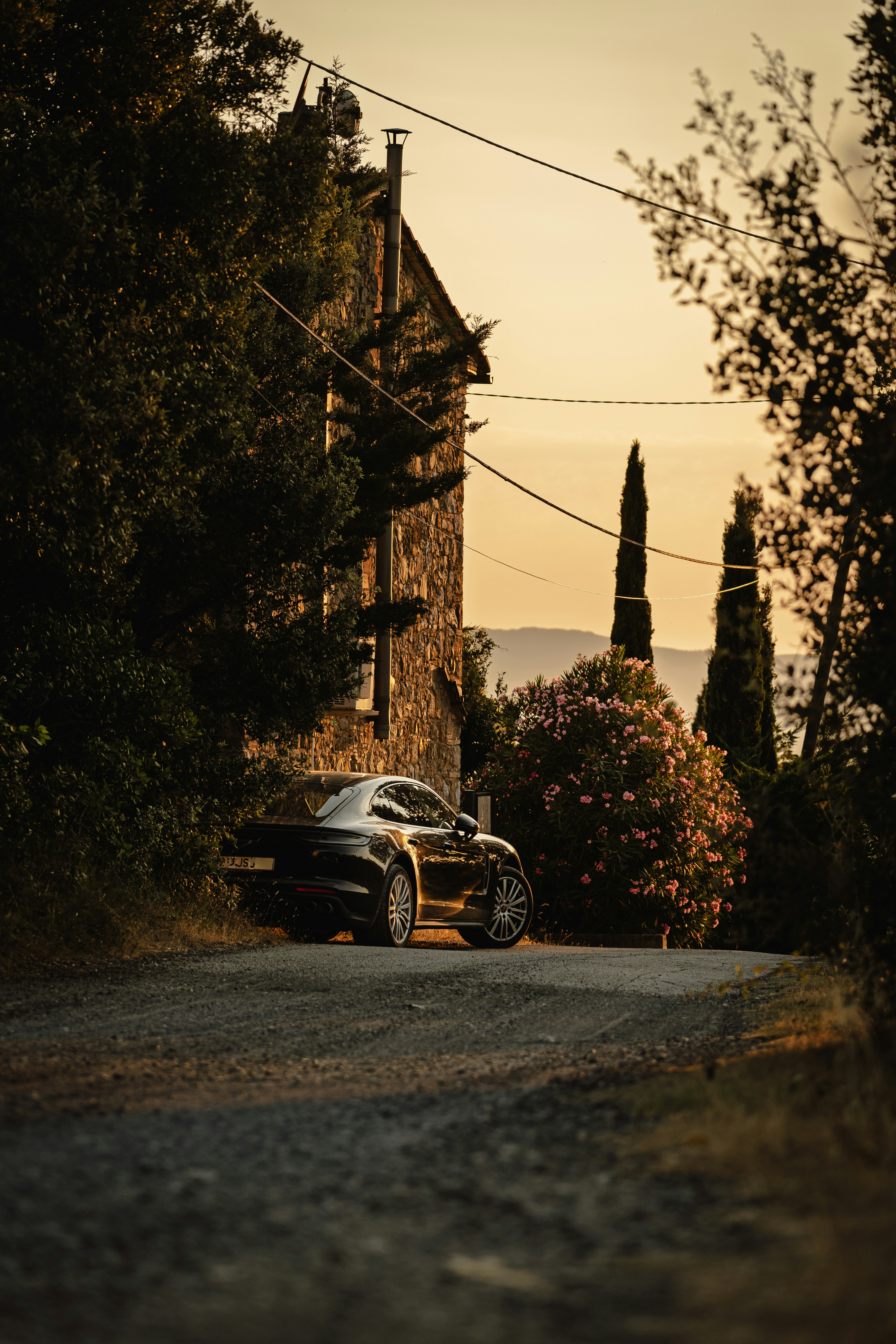 Sunset Driveway: A Sleek Car Resting by an Olive-Hued Path