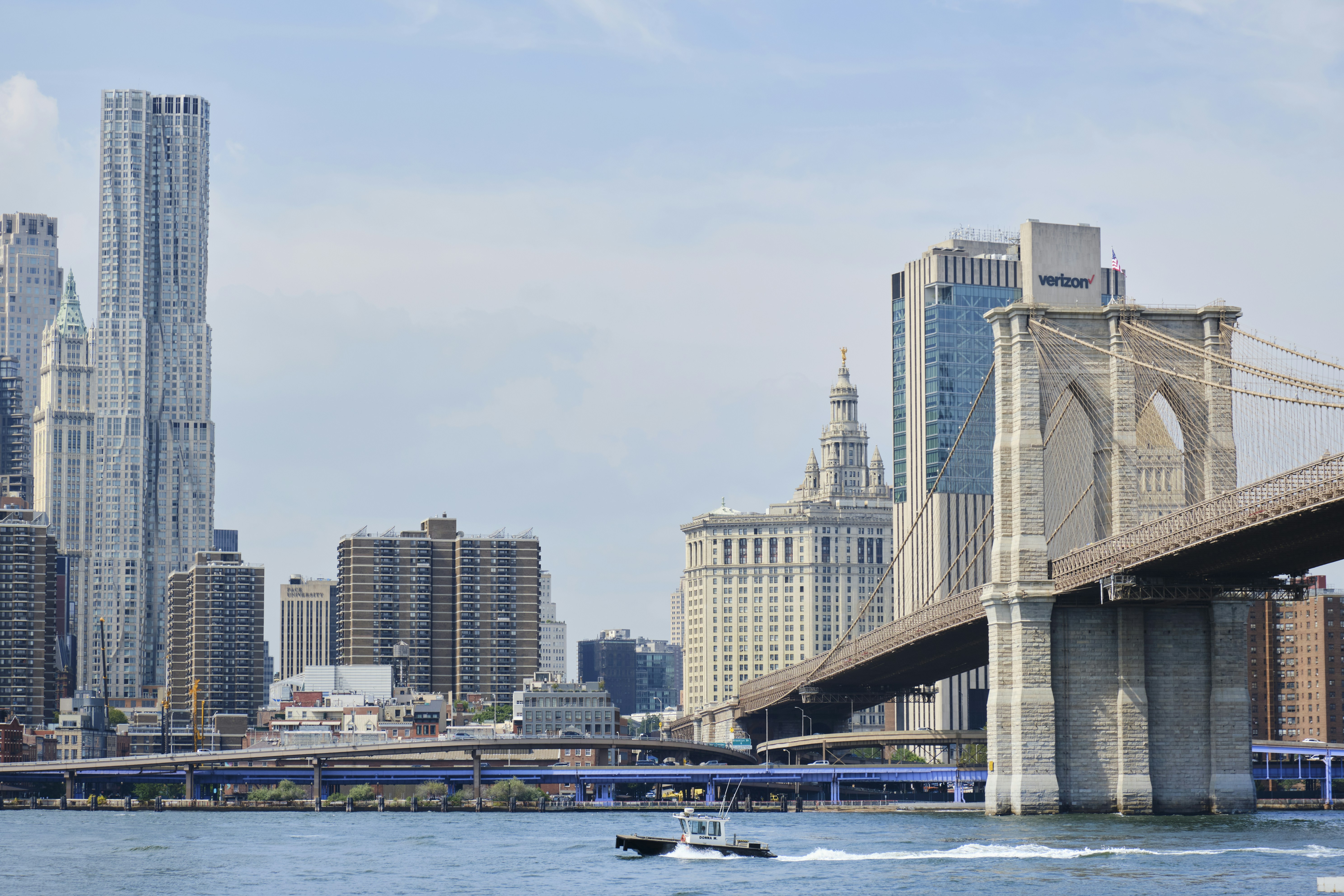 Bridge, skyline, and river ferry: New York City vista