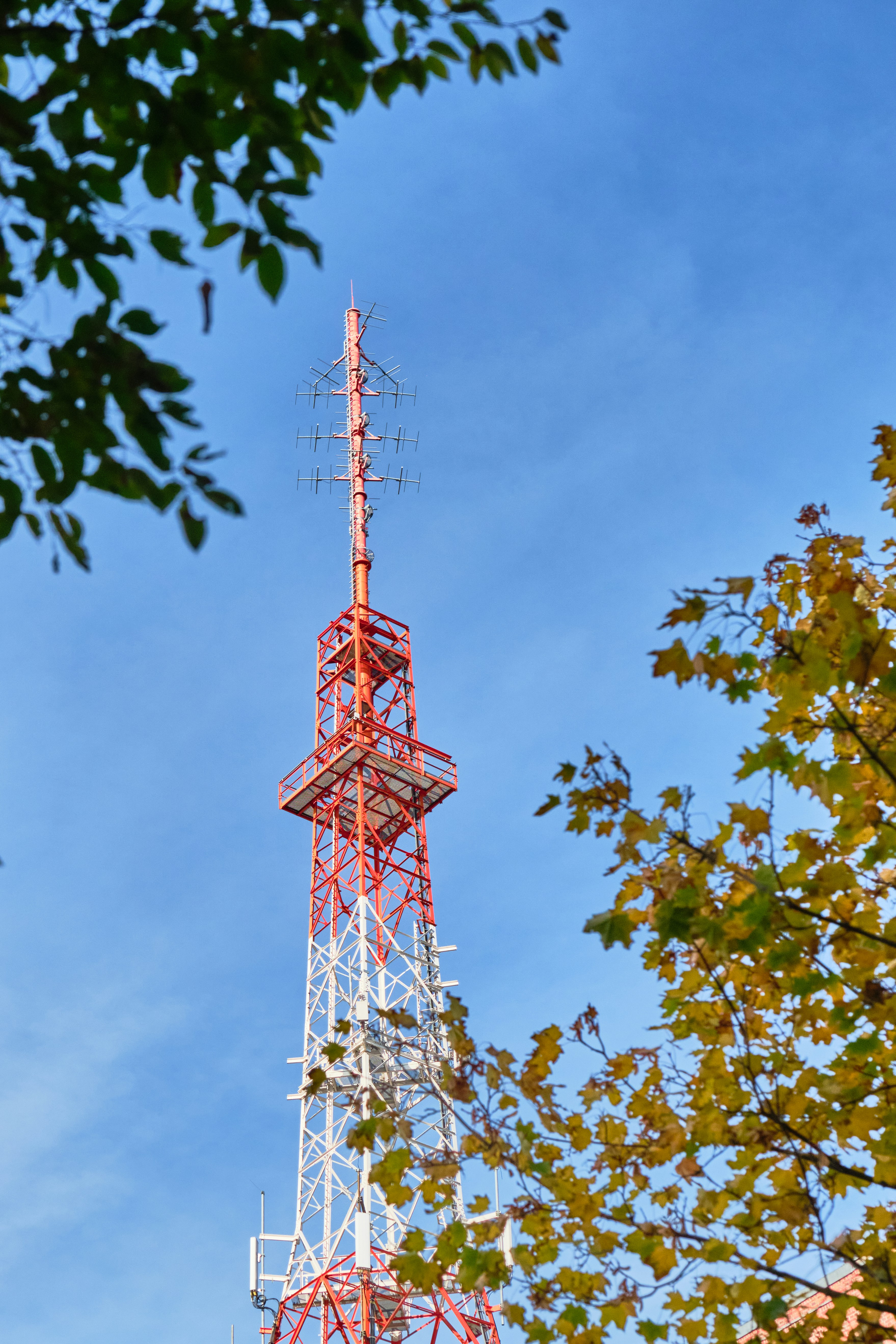 Skyward Signal: A Red-and-White Tower Reaching Toward a Clear Day