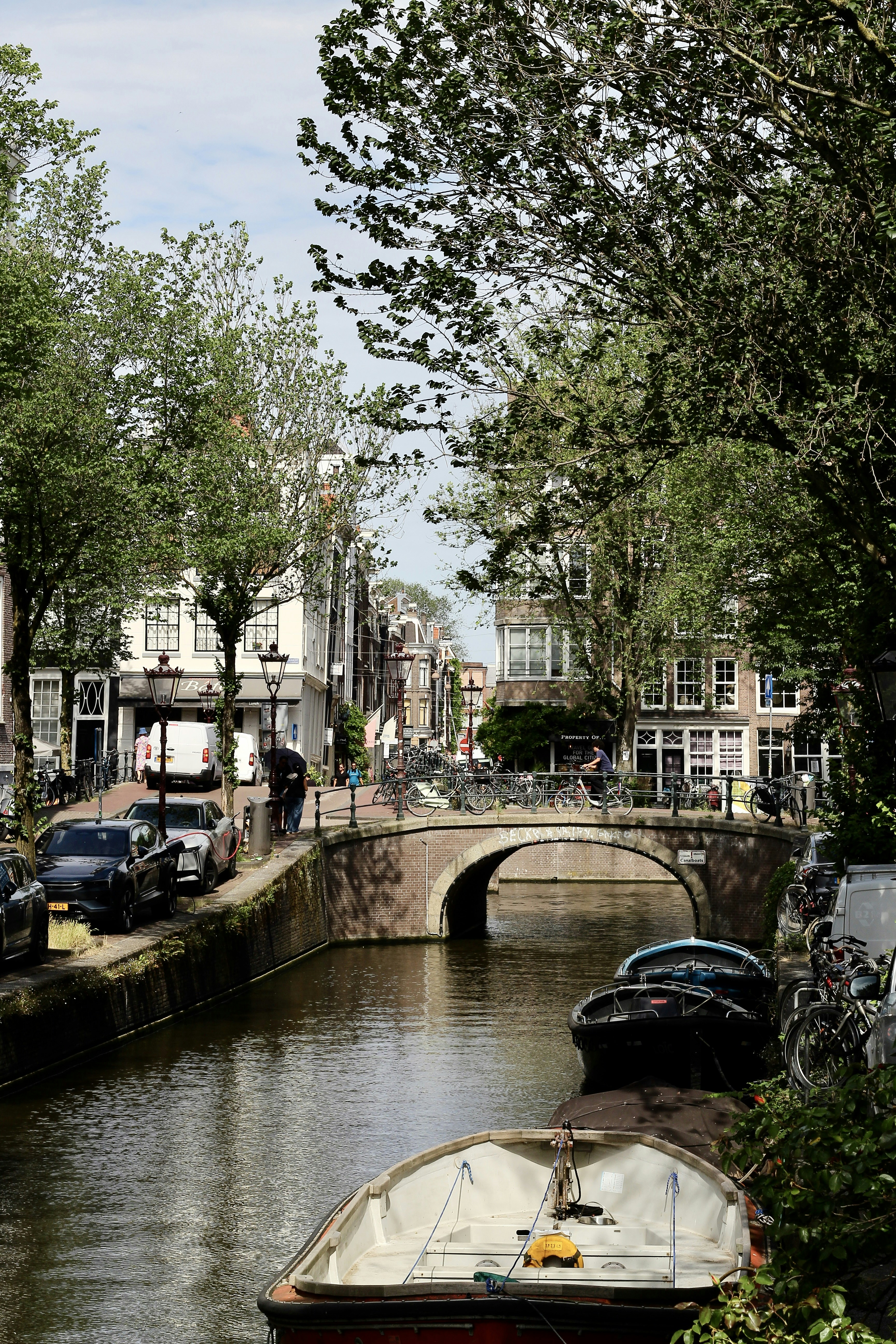Canal Court: Boats, Bridge, and Blooming Trees