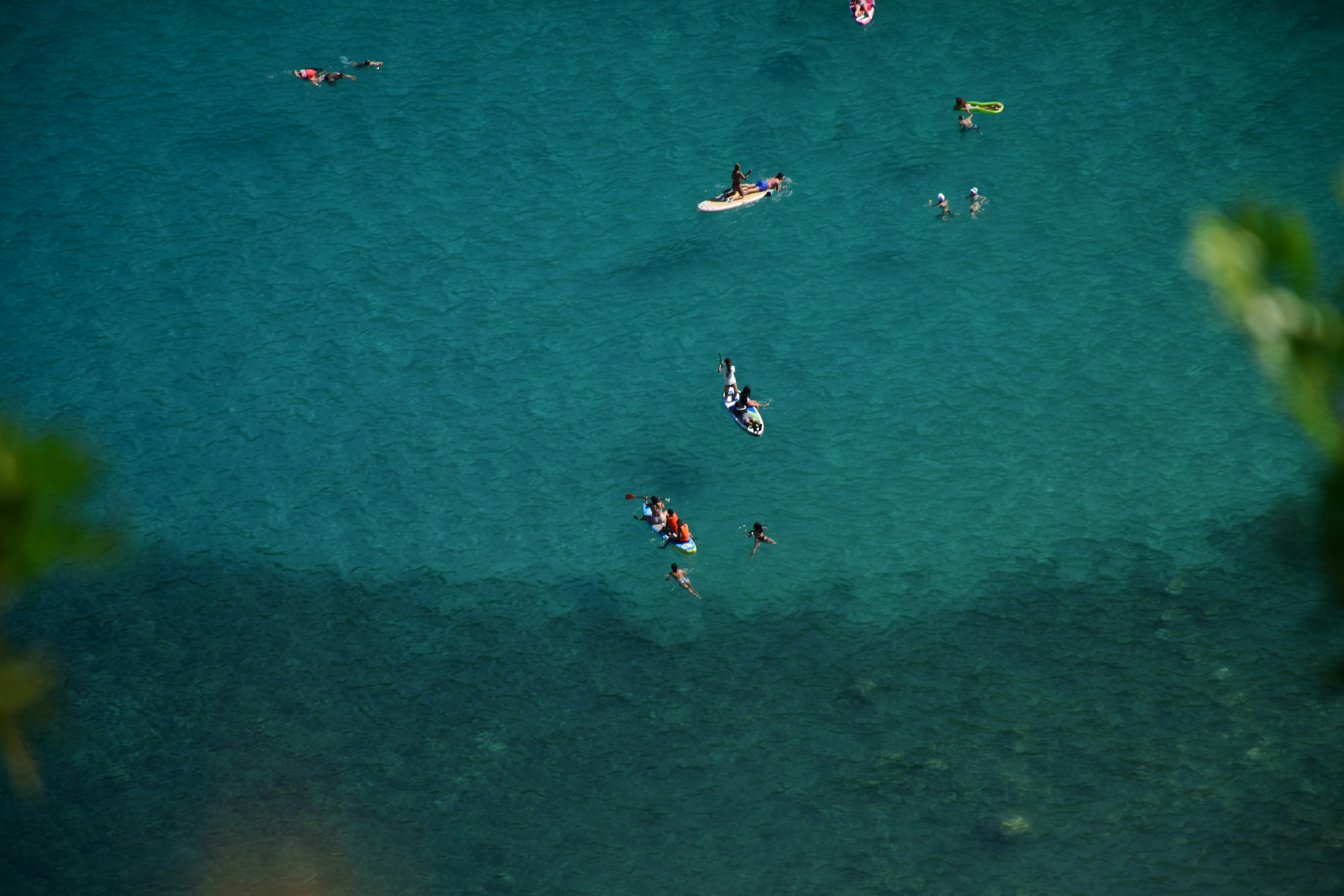 A Quiet Verge of Turquoise: surfers and paddlers in an emerald sea