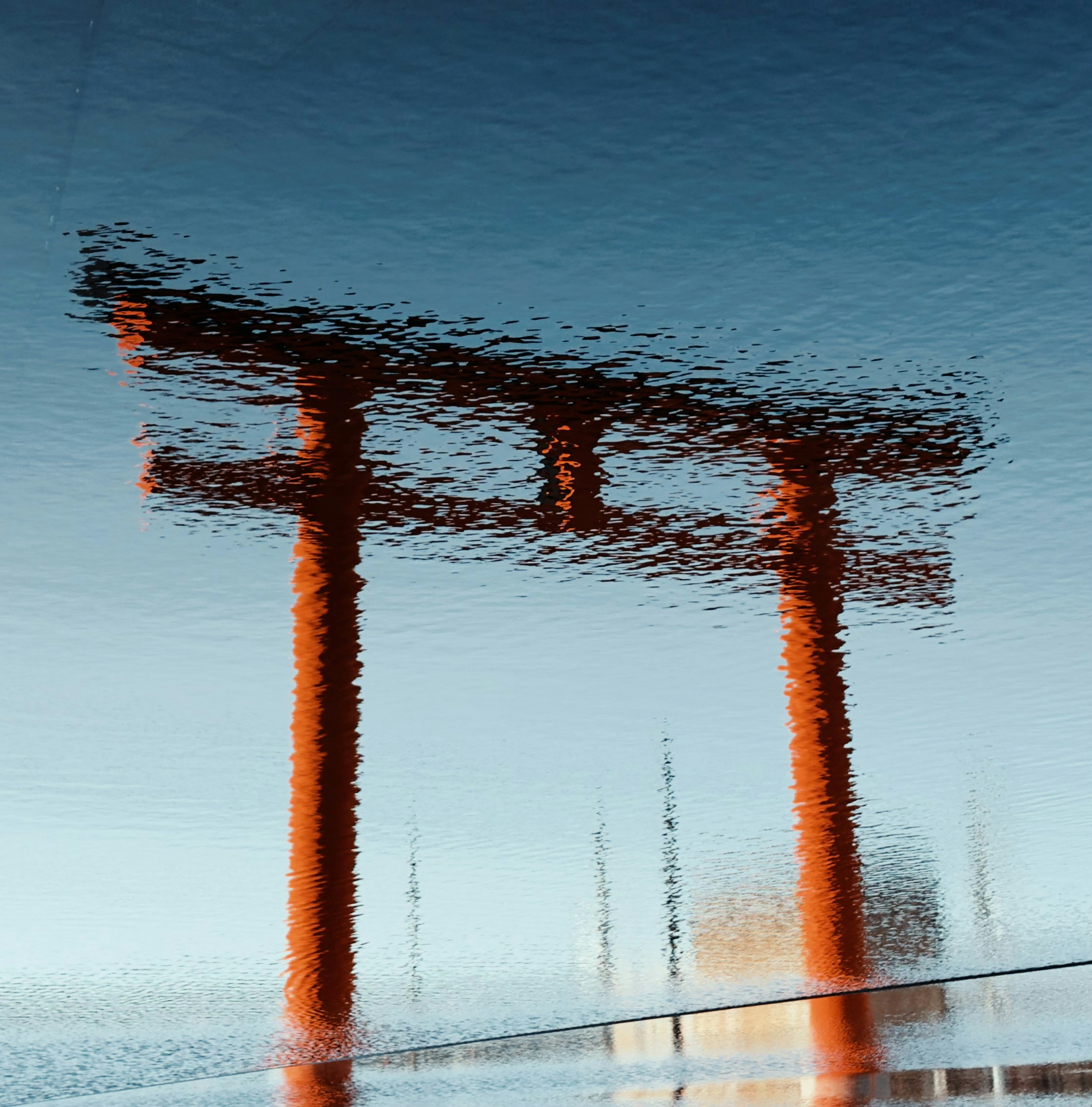 Reflection of a torii gate in calm water, creating a surreal, near-symmetric composition with bold orange pillars against blue-toned water and sky.