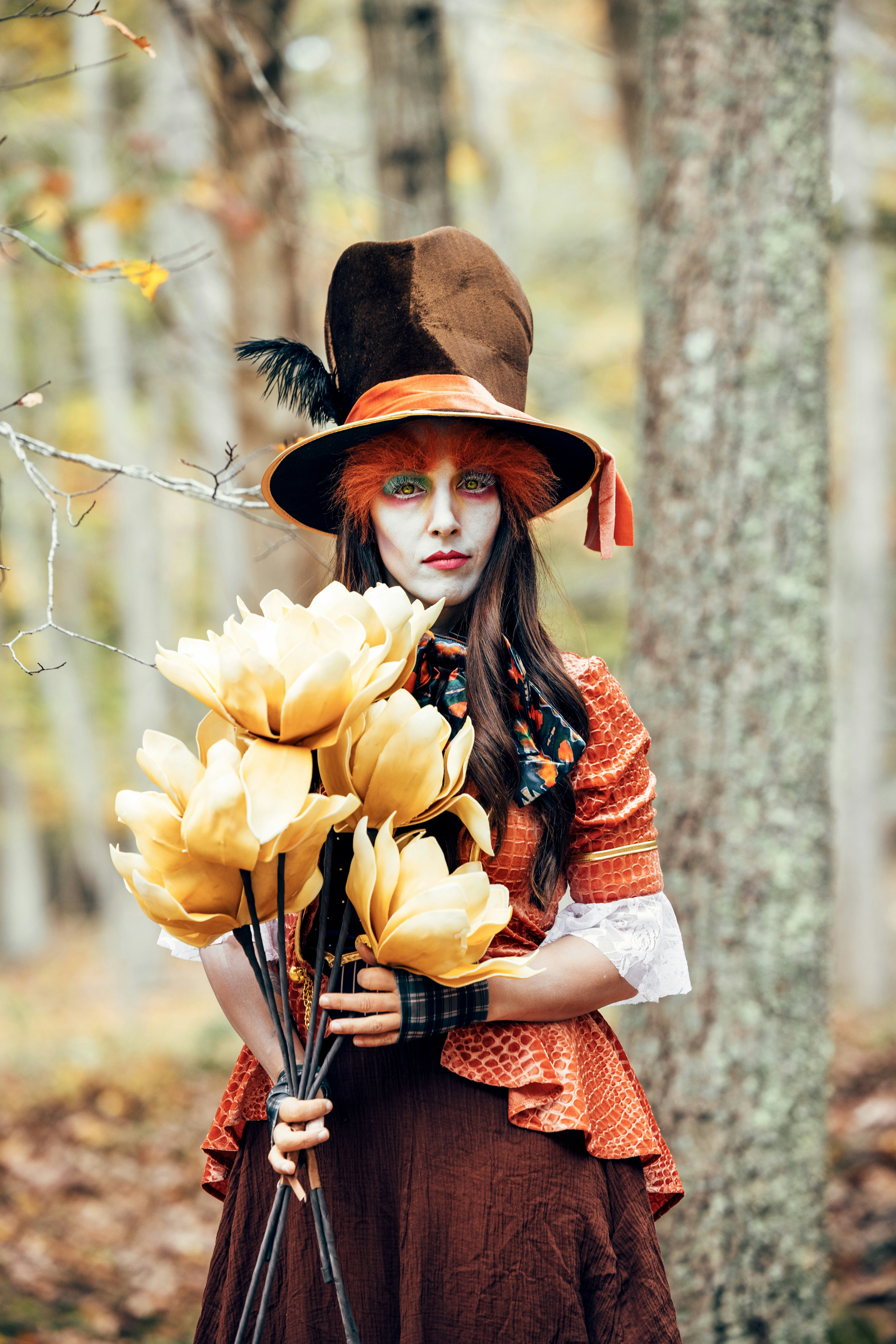 Whimsical Bloom: A Red-Haired Enchanter in the Autumn Grove