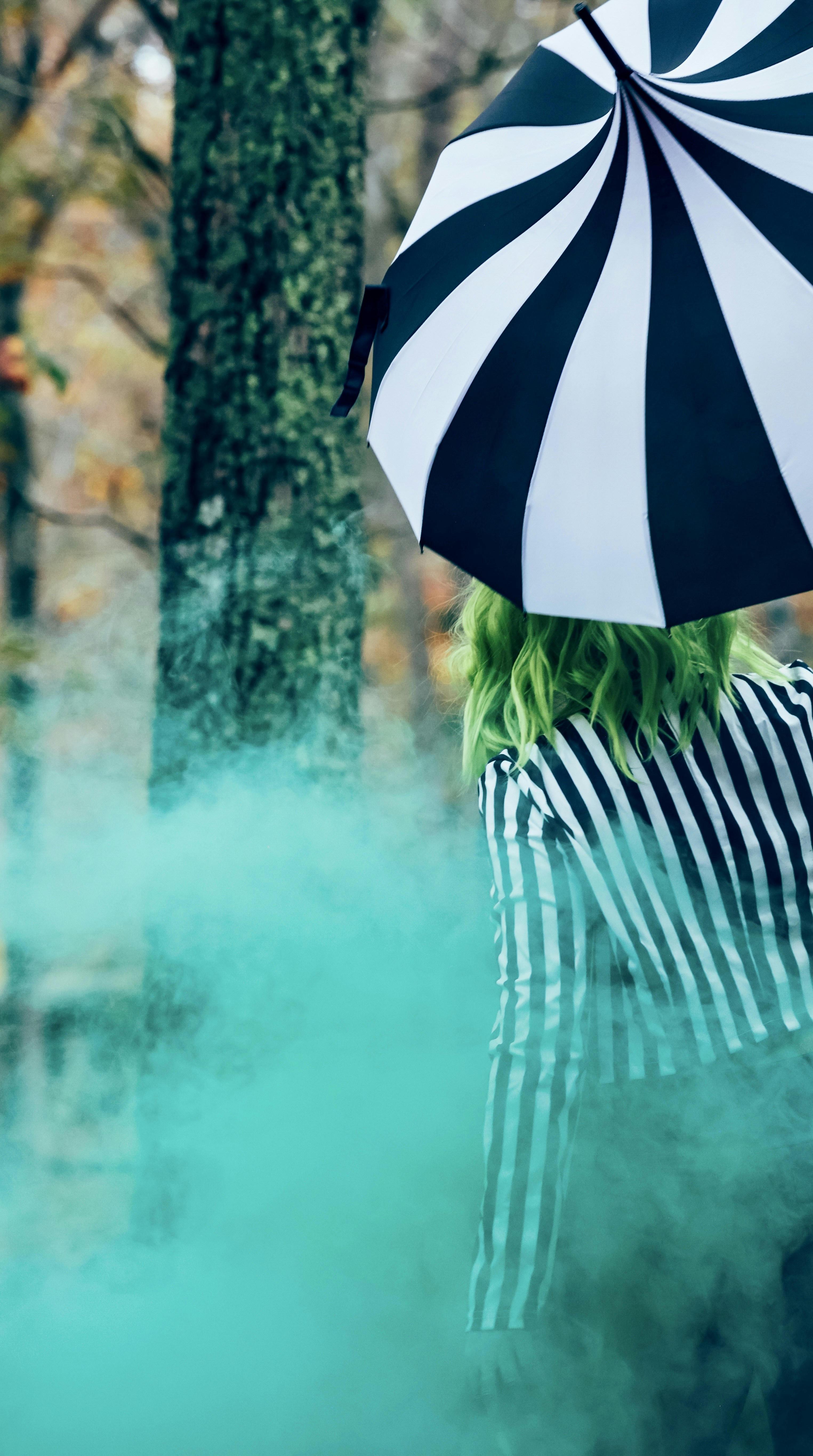 Stripe-clad veiled figure in a forest haze