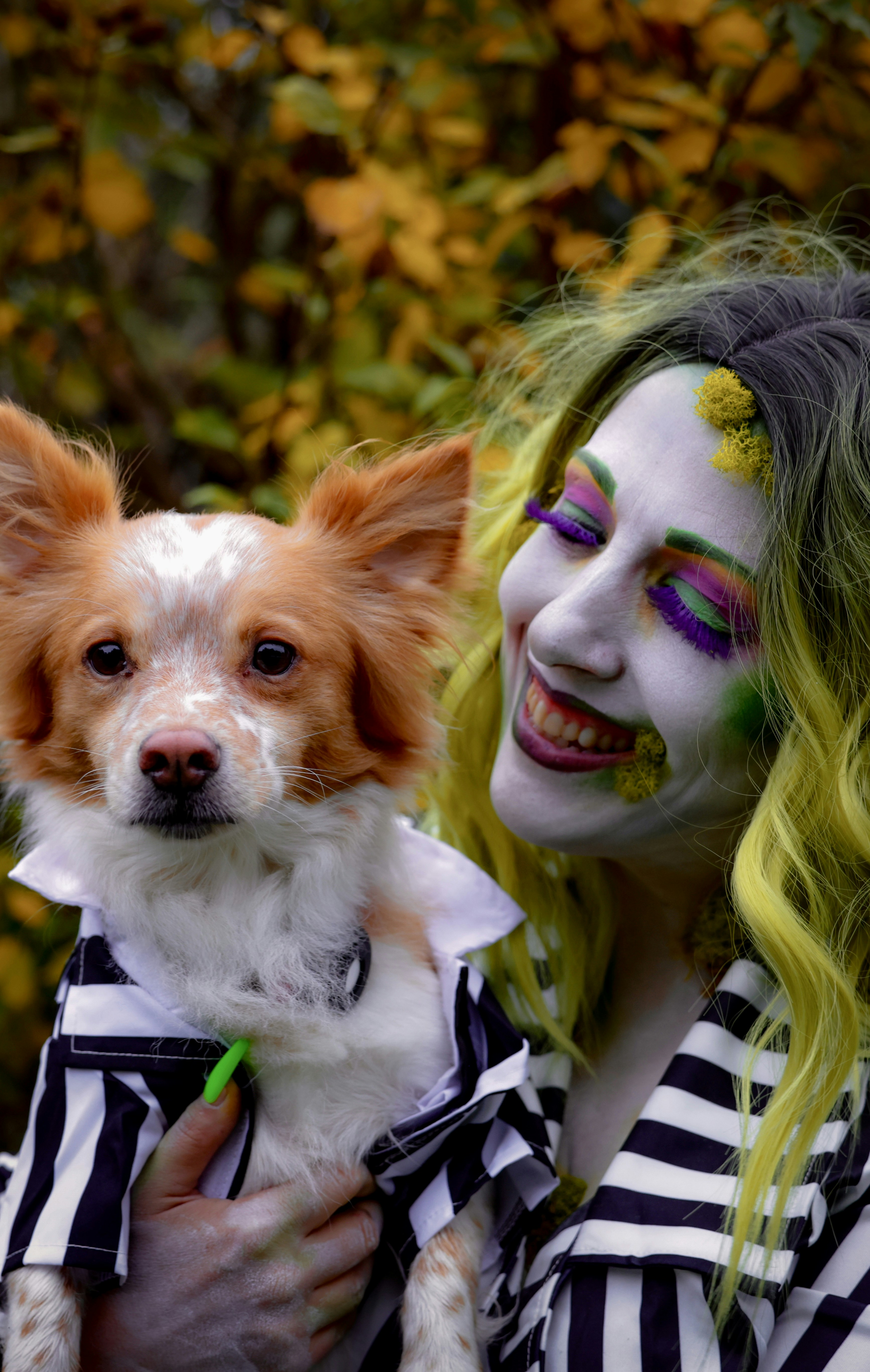 Electric Portrait: A Neon-Maned Muse and Her Fluffy Companion