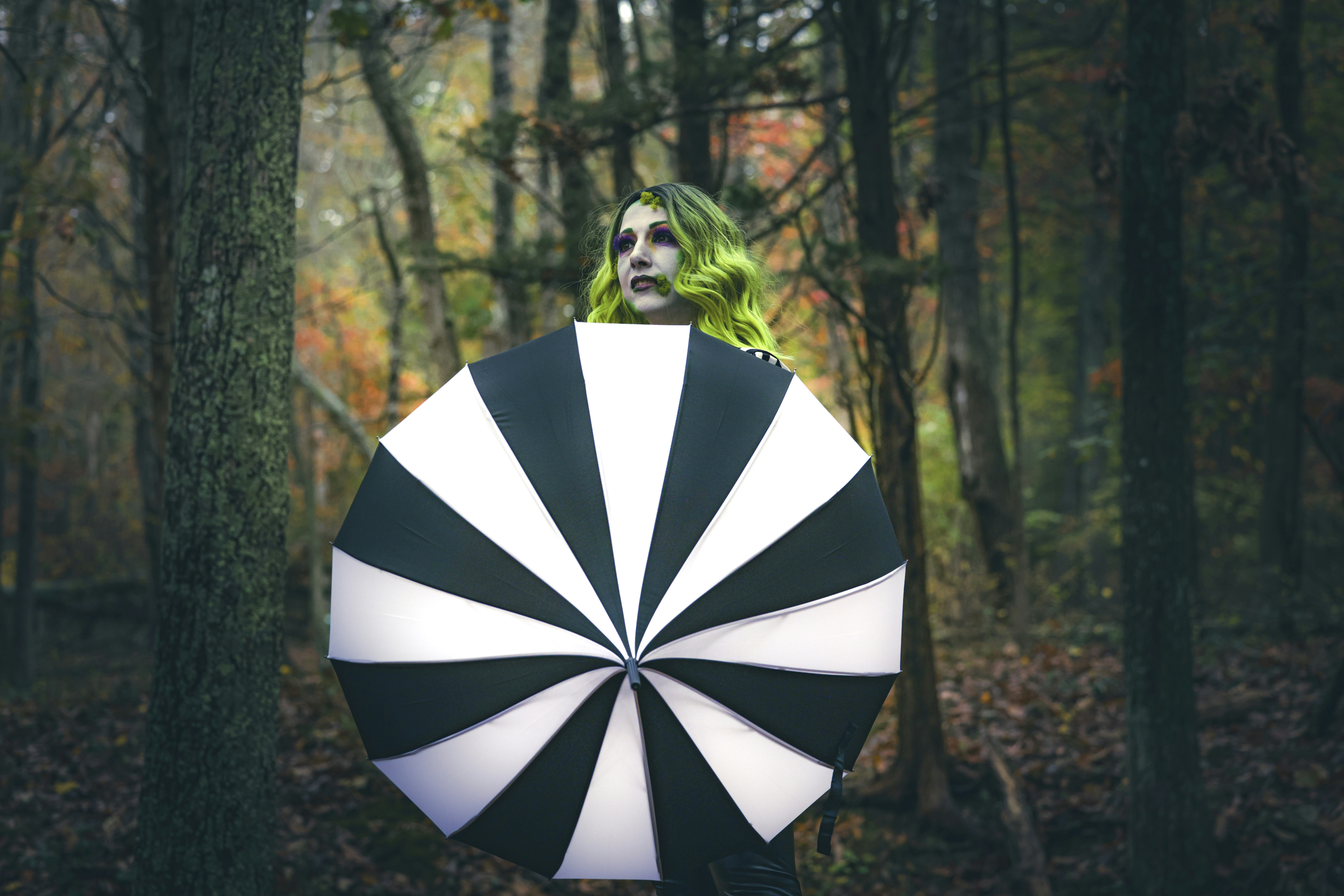 Emerald Hair in the Woods with a Black-and-White Spinner