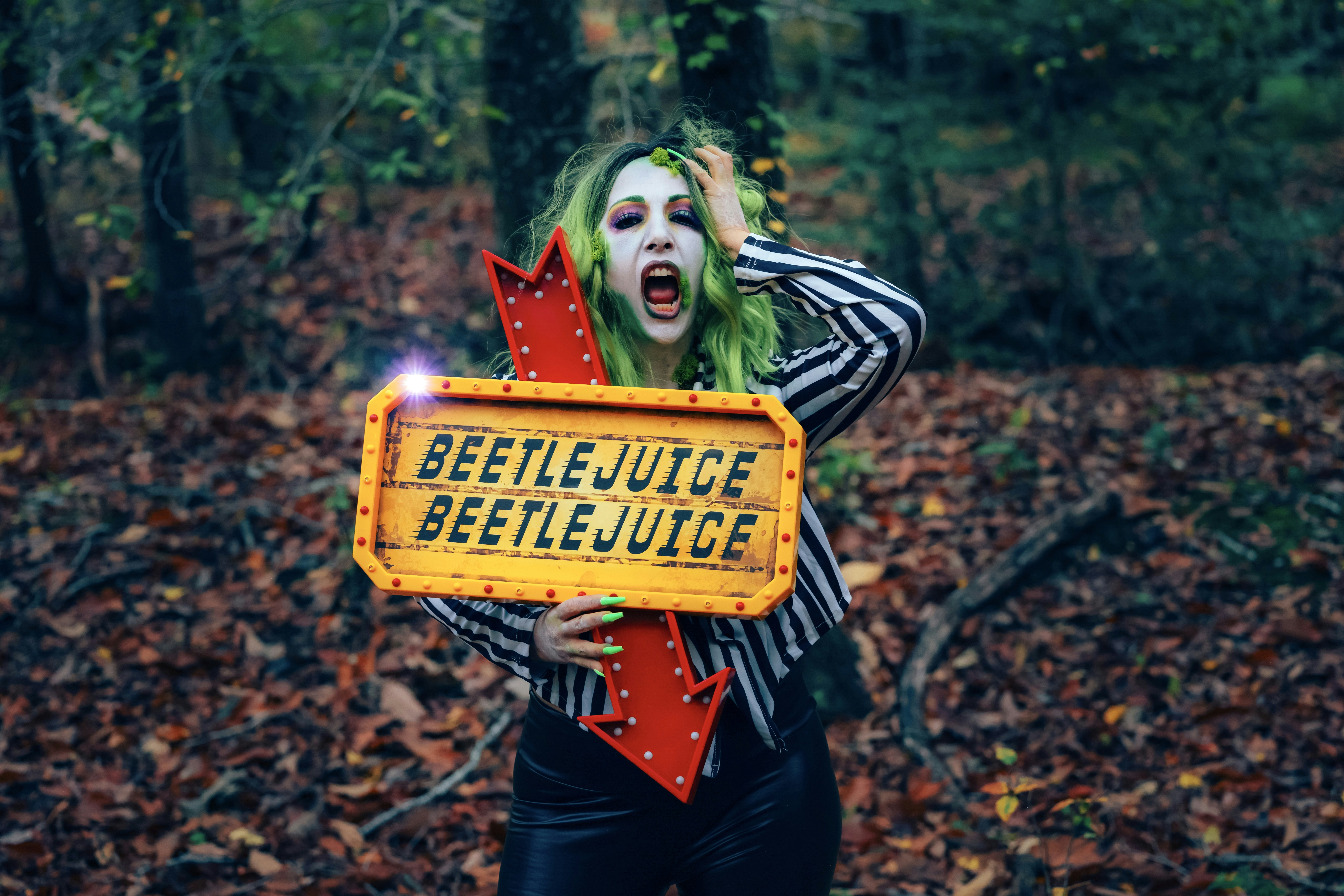 Beetlejuice Sign and Sinister Smile in the Autumn Clearing