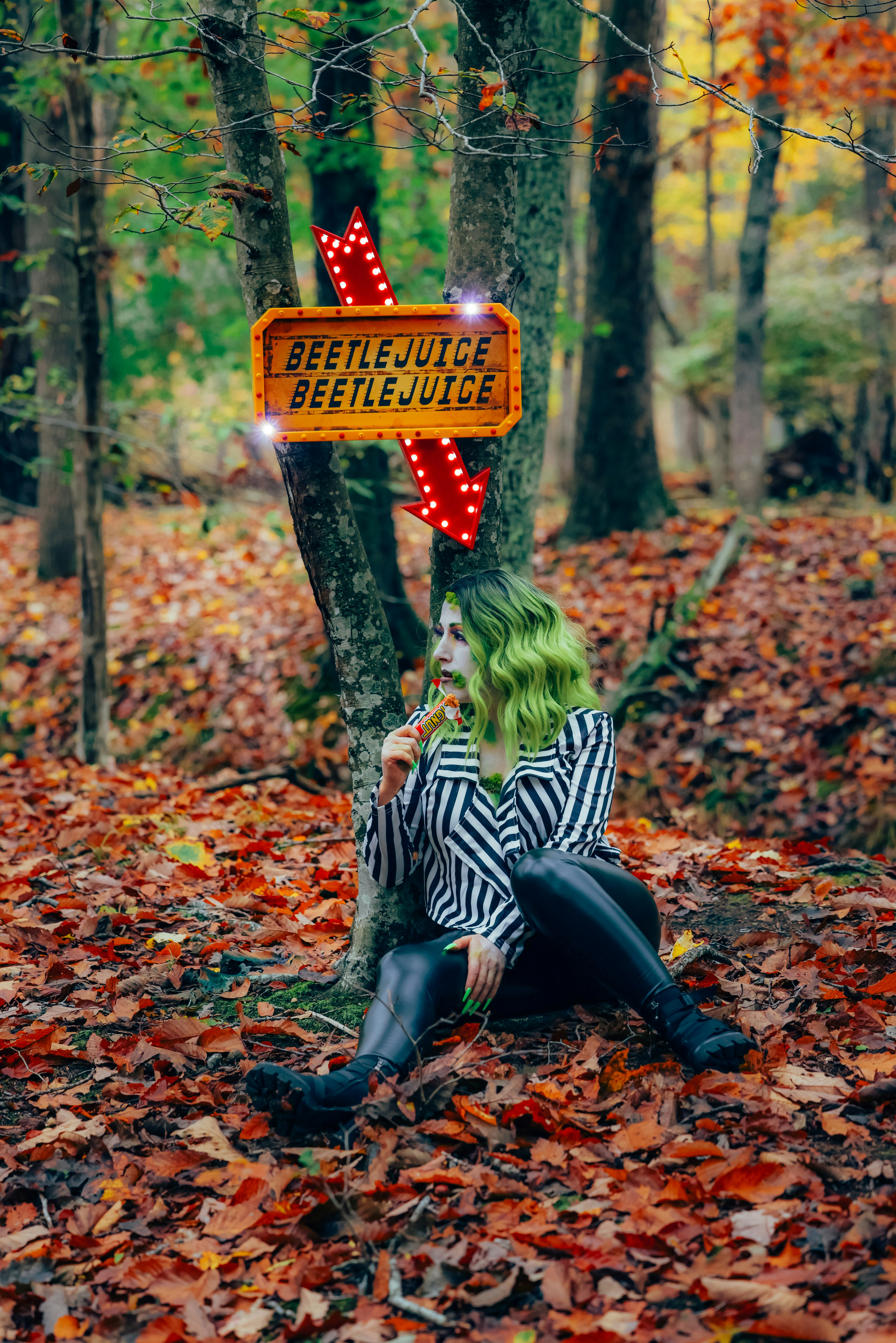 Neon Arrow Sign and Emerald Hair in Autumn Clearing
