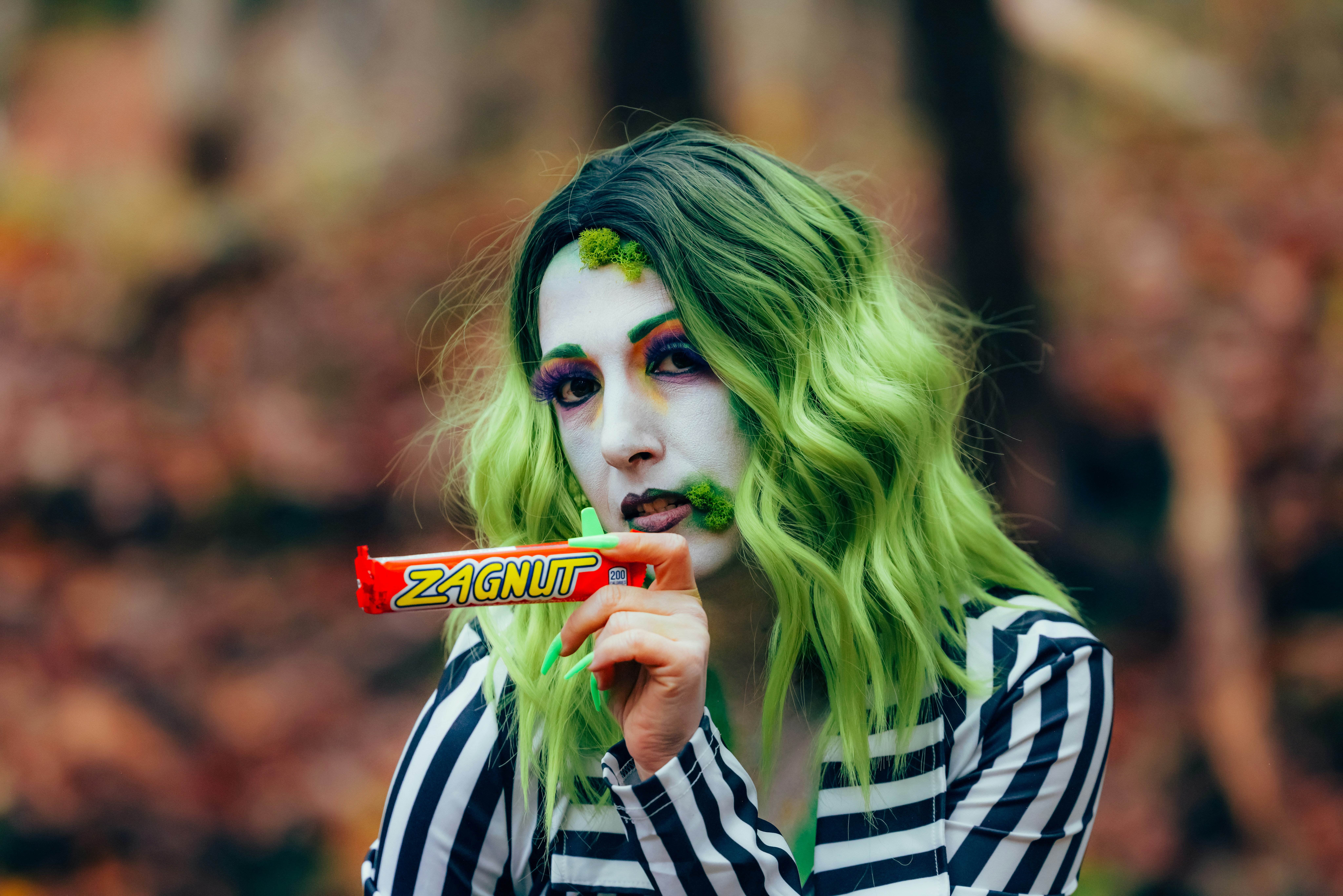 Neon-green Gaze and Candy Bar: A Portrait of Color in Fall