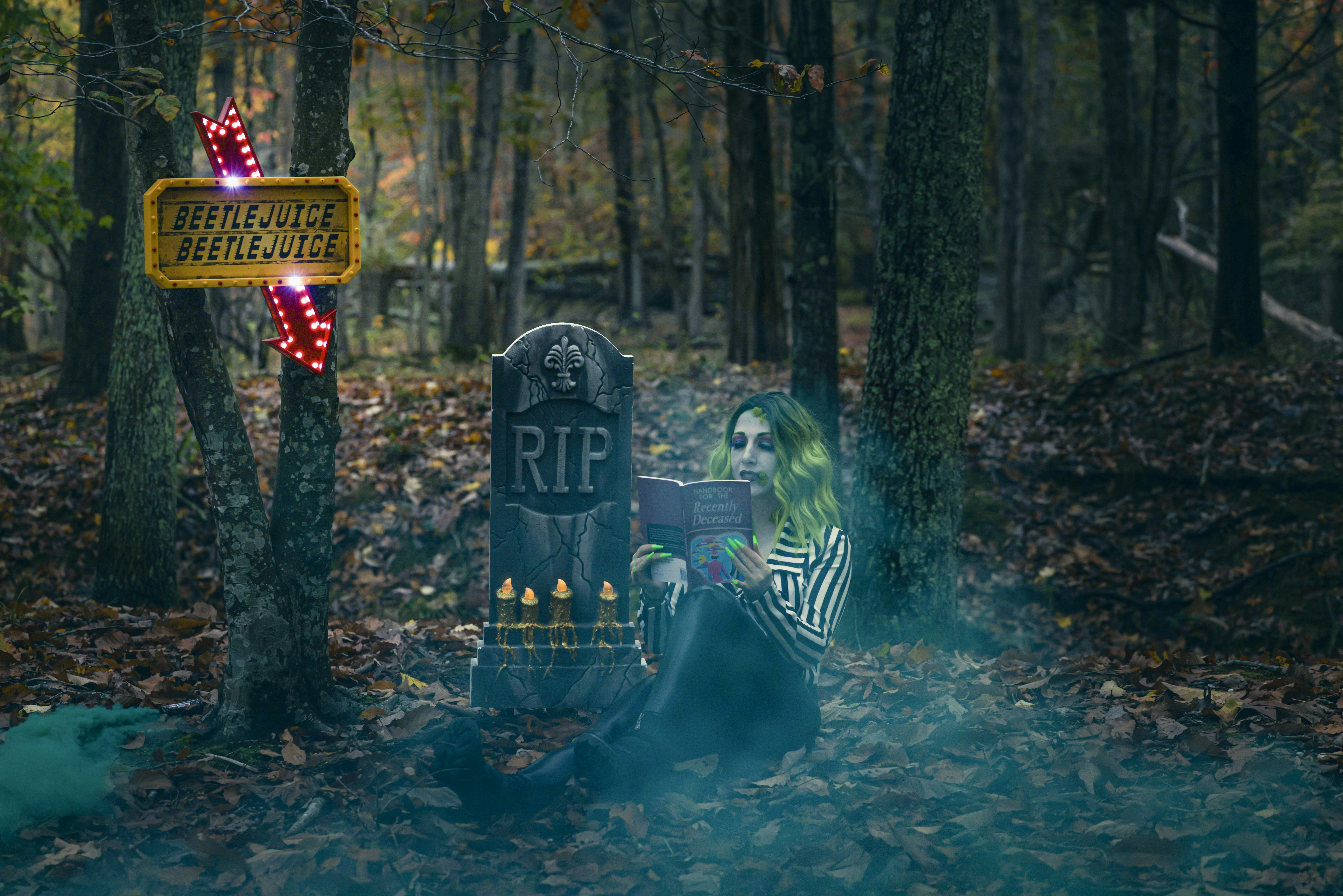 Graveyard Muse: Neon Aura by the Grave under Velvet Pines