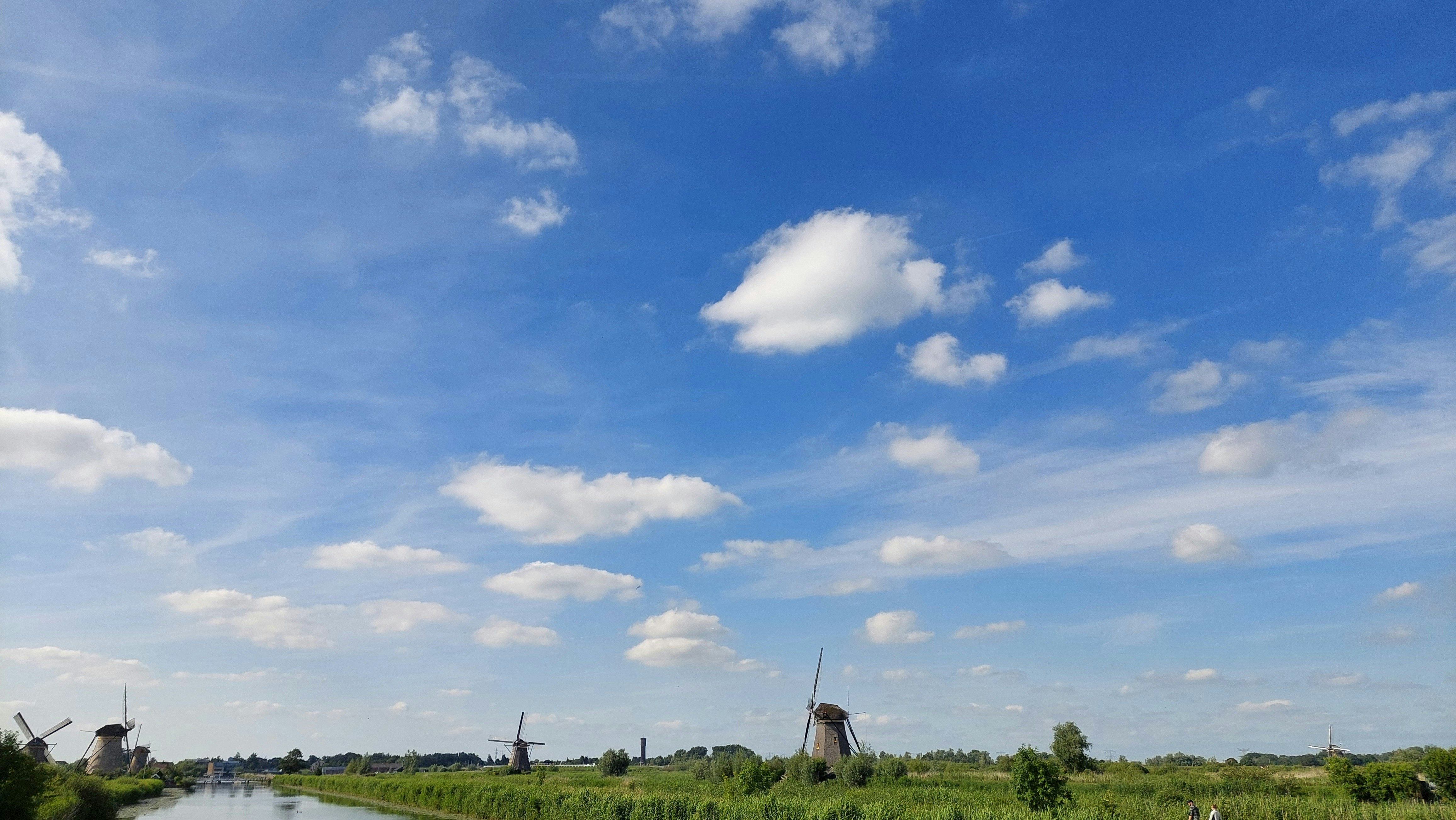 Windmills at Distant Horizon Under Wide Dutch Skies