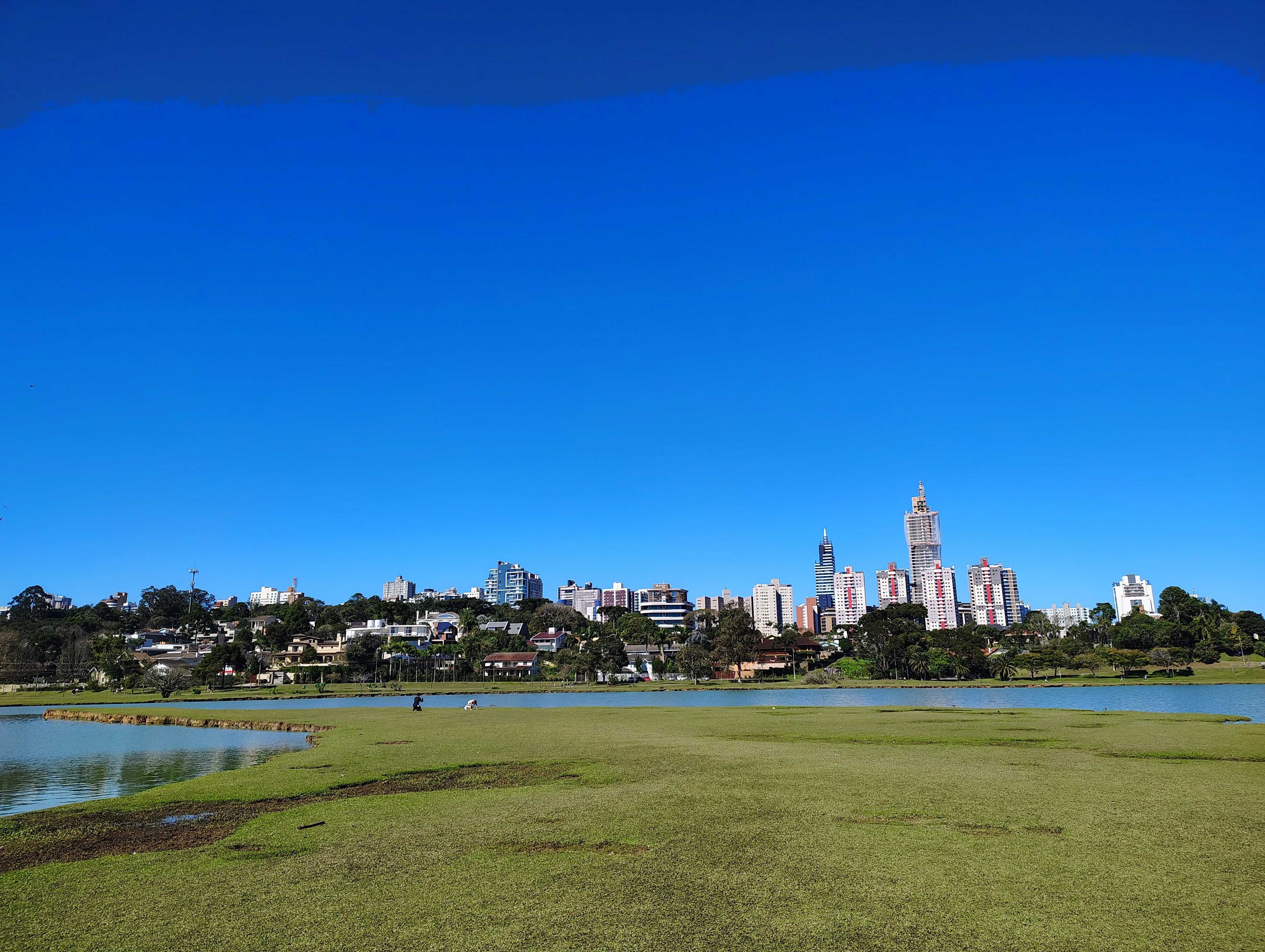 Cityscape over the Park: Riverside skyline under a cerulean sky