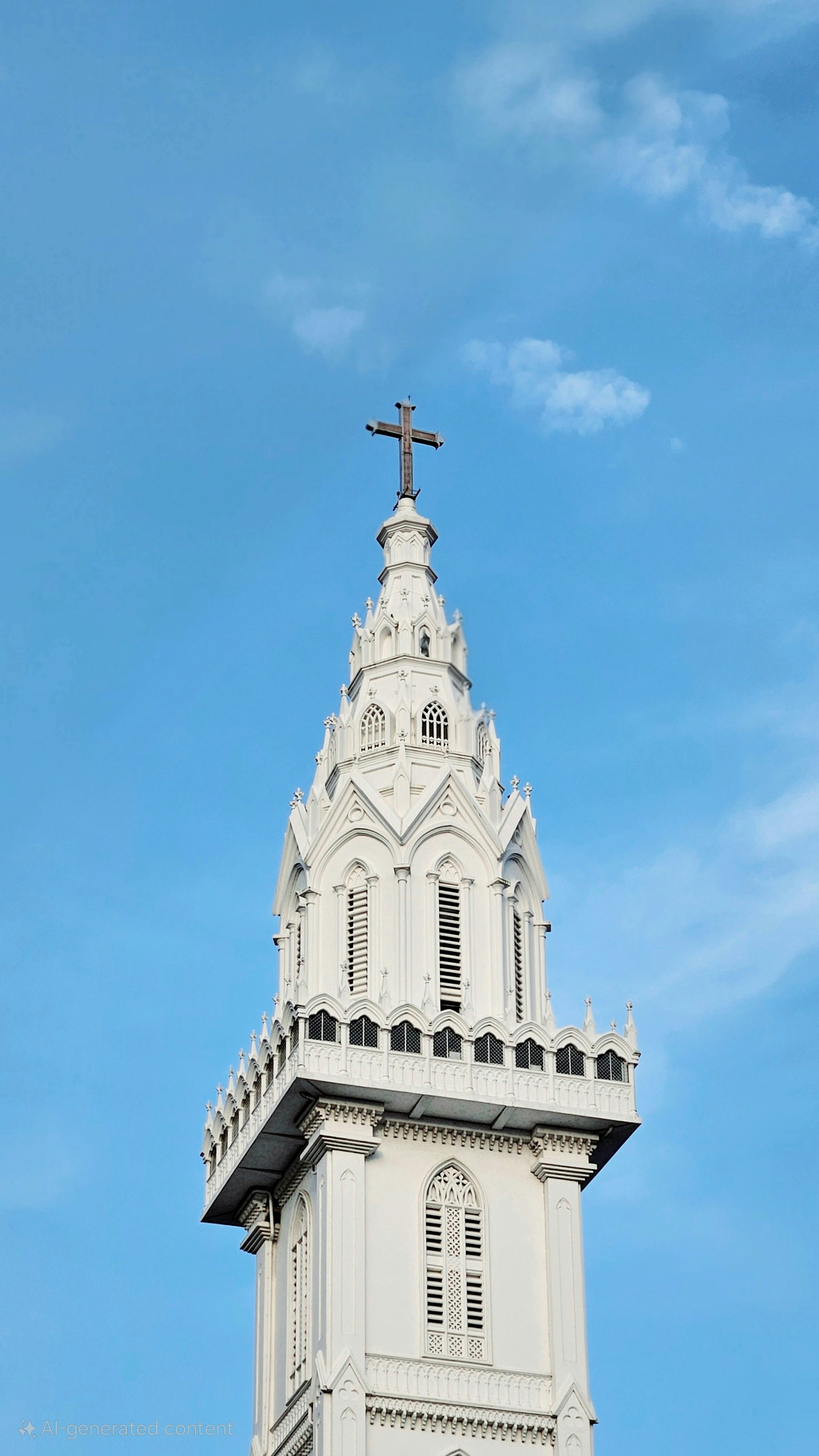 Spire of Light: A White Cathedral Top Against a Clear Blue Sky