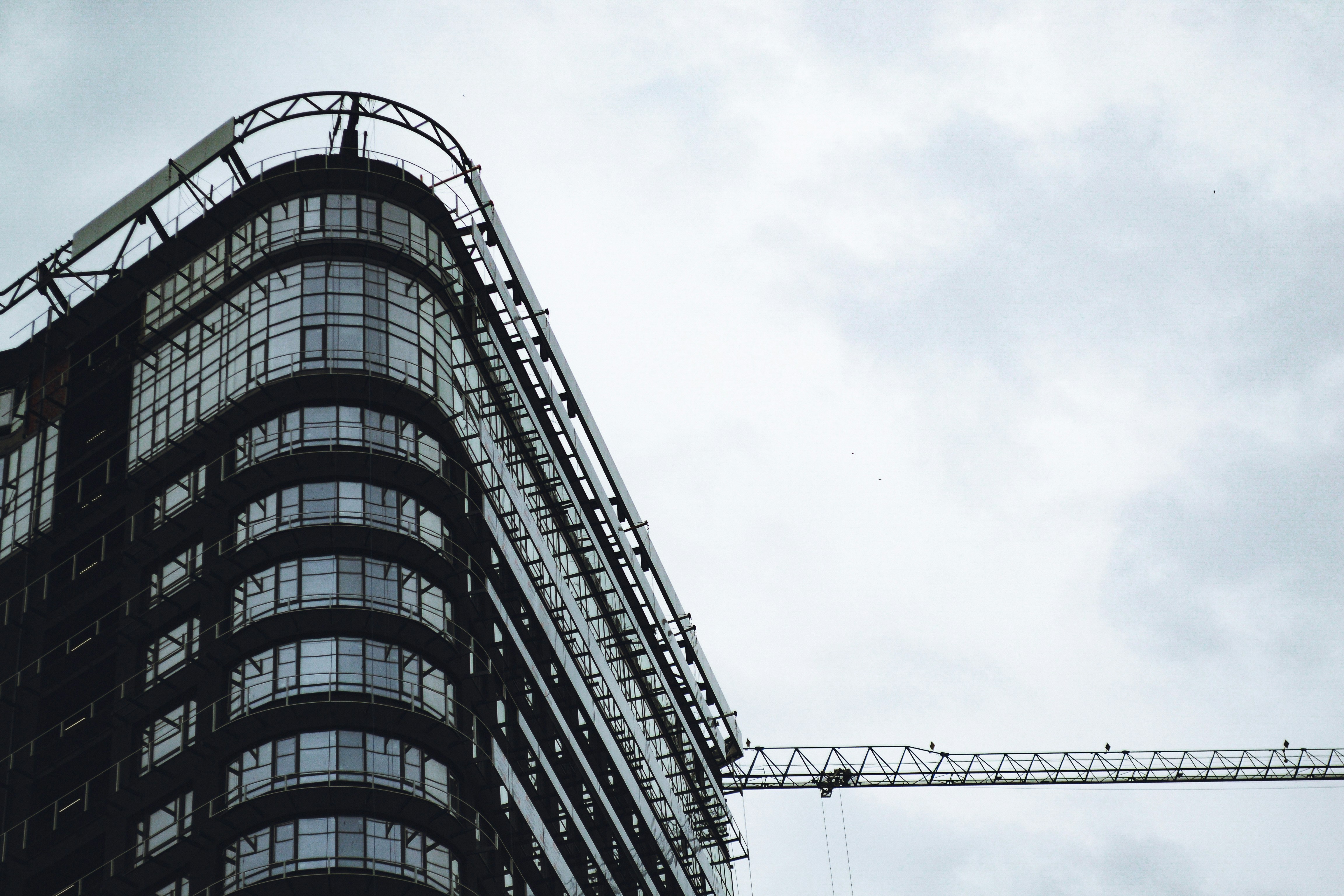 Edge of Glass and Steel: The Curve of a Modern Facade against the Sky