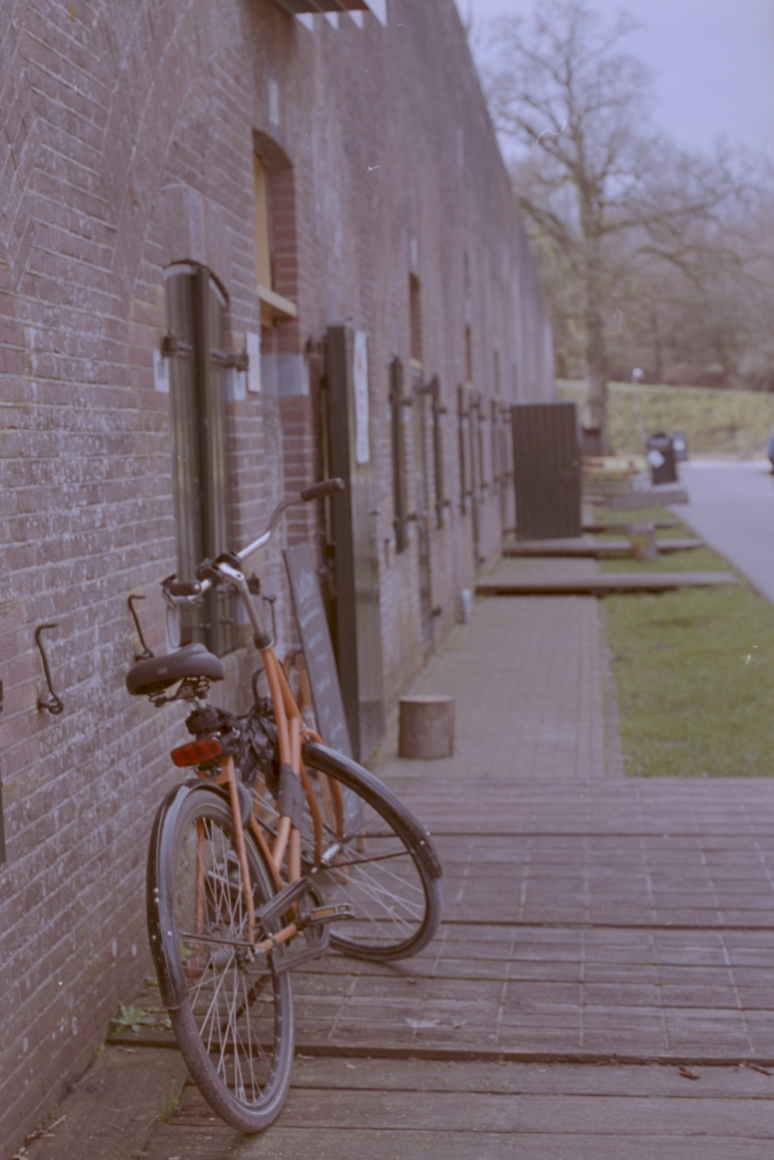 Orange bicycle leaned against brick wall in a quiet courtyard