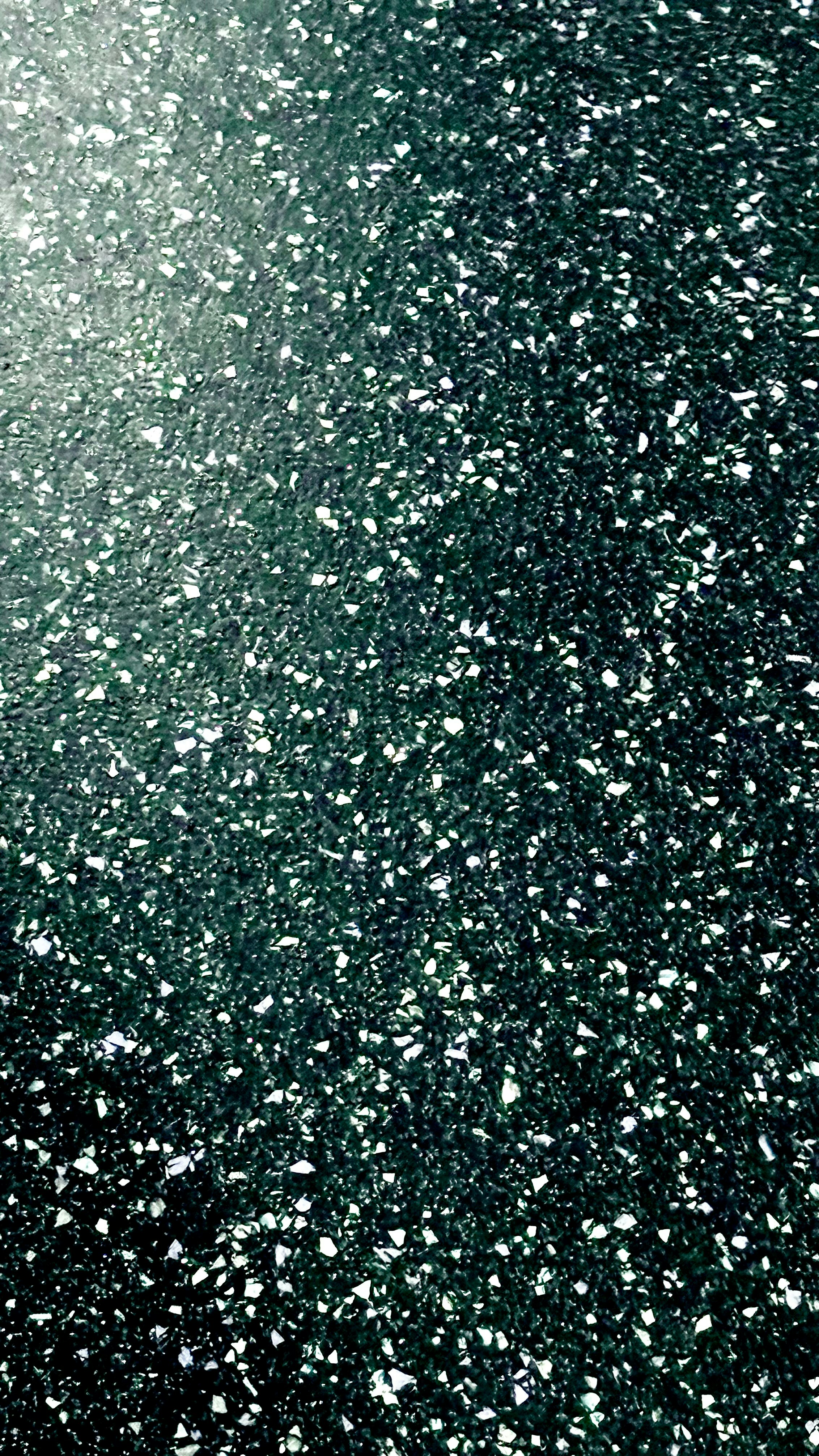 Close-up of a speckled, glossy surface with irregular white flecks across a dark green-black background. A tactile ground texture that could be terrazzo or polished pavement. 