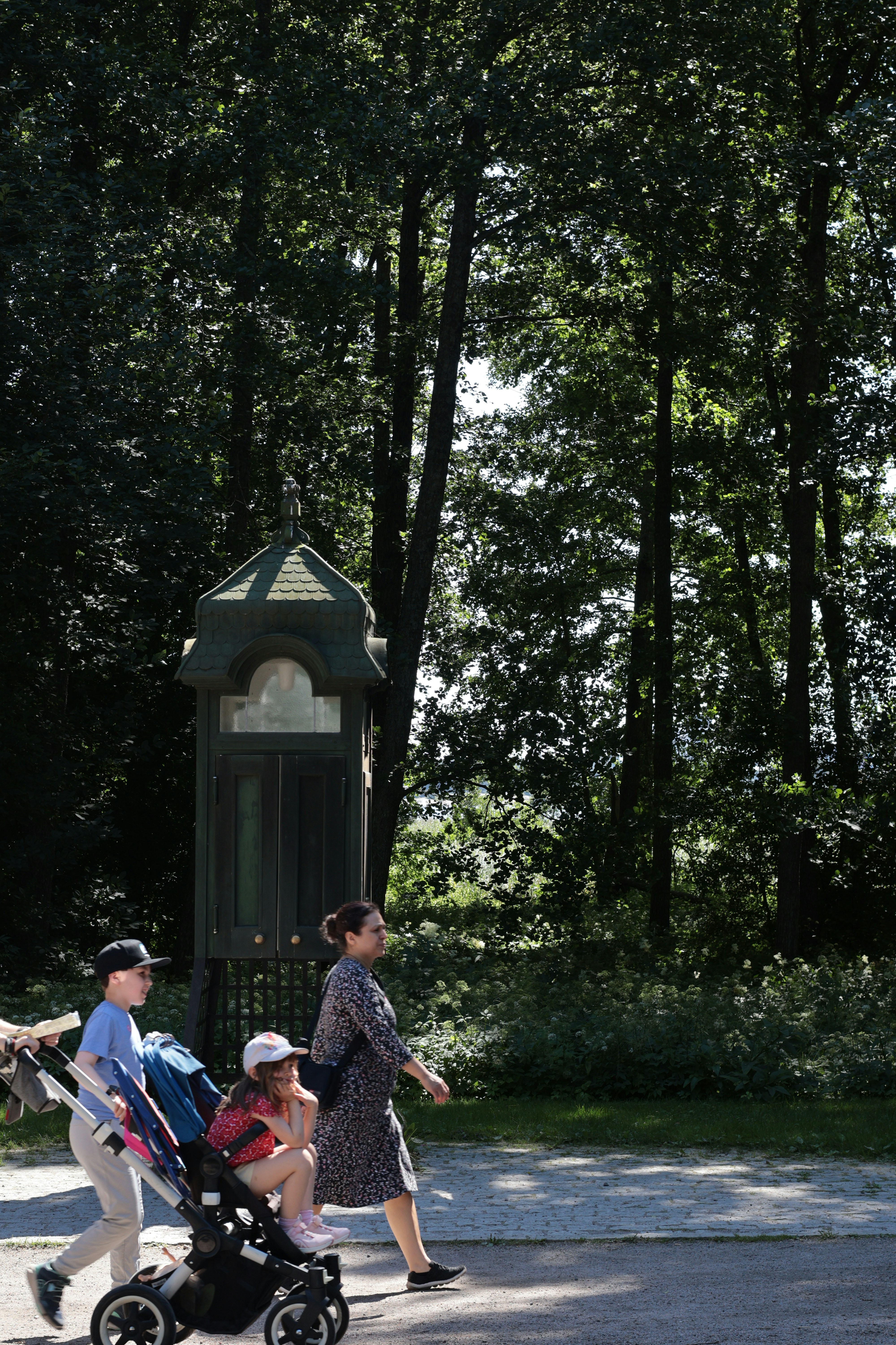 Stroll Through the Park: A Child and Camelot-like Structure Amid Tall Trees