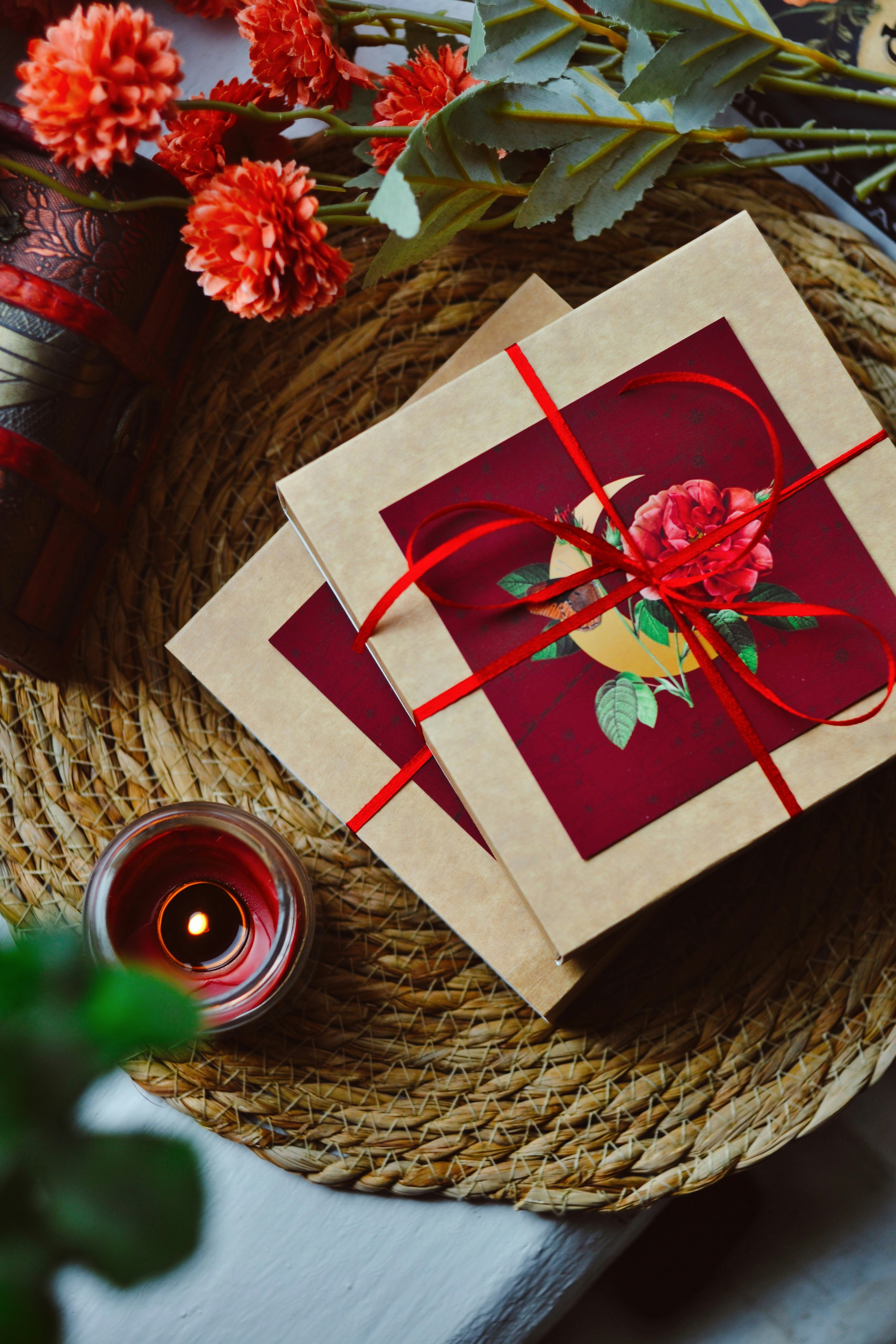 Red Ribbon Gift: A Floral Card Salute on a Woven Tray