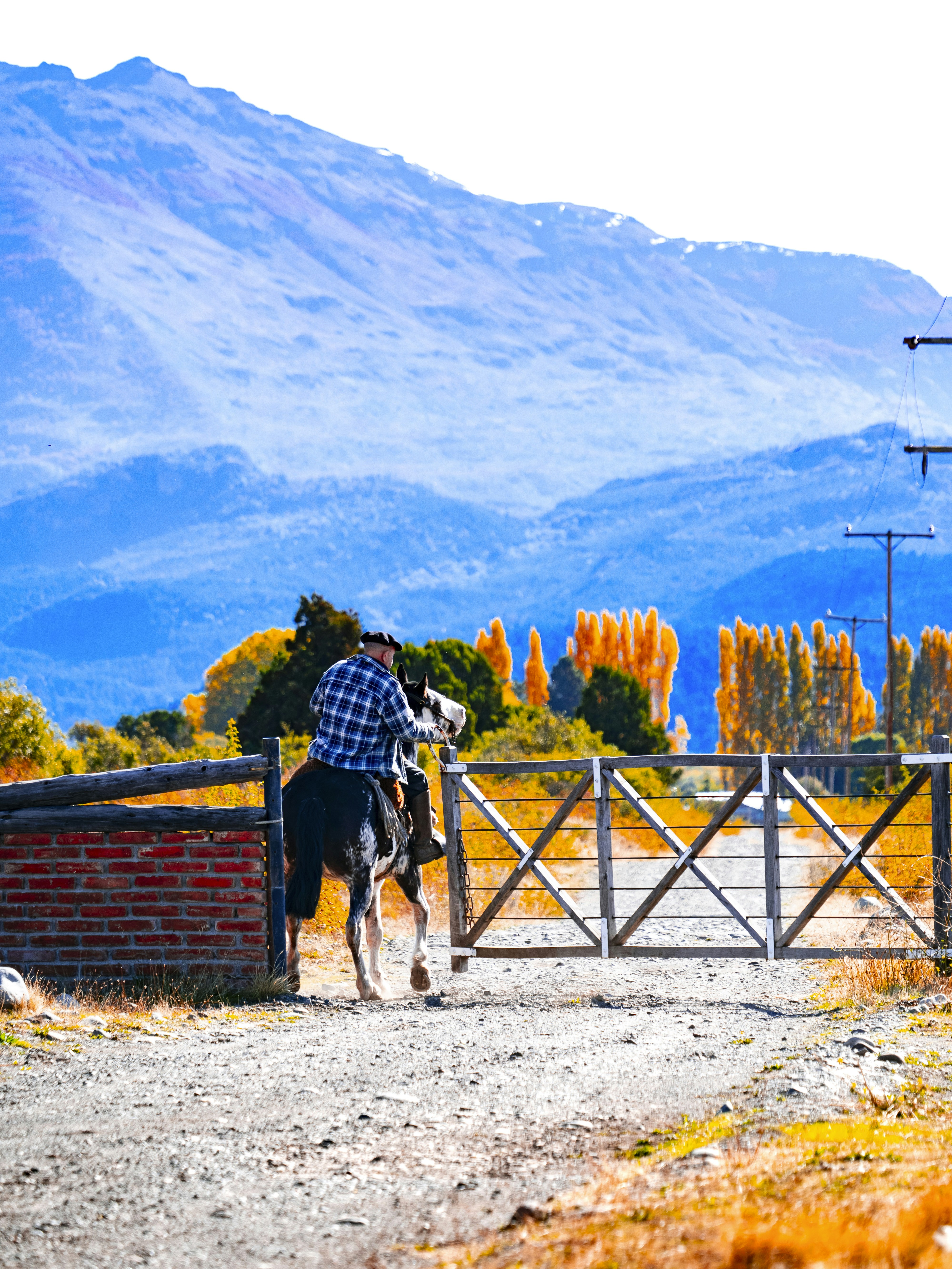 Rider and horse at a sunlit gate with amber trees and blue mountains