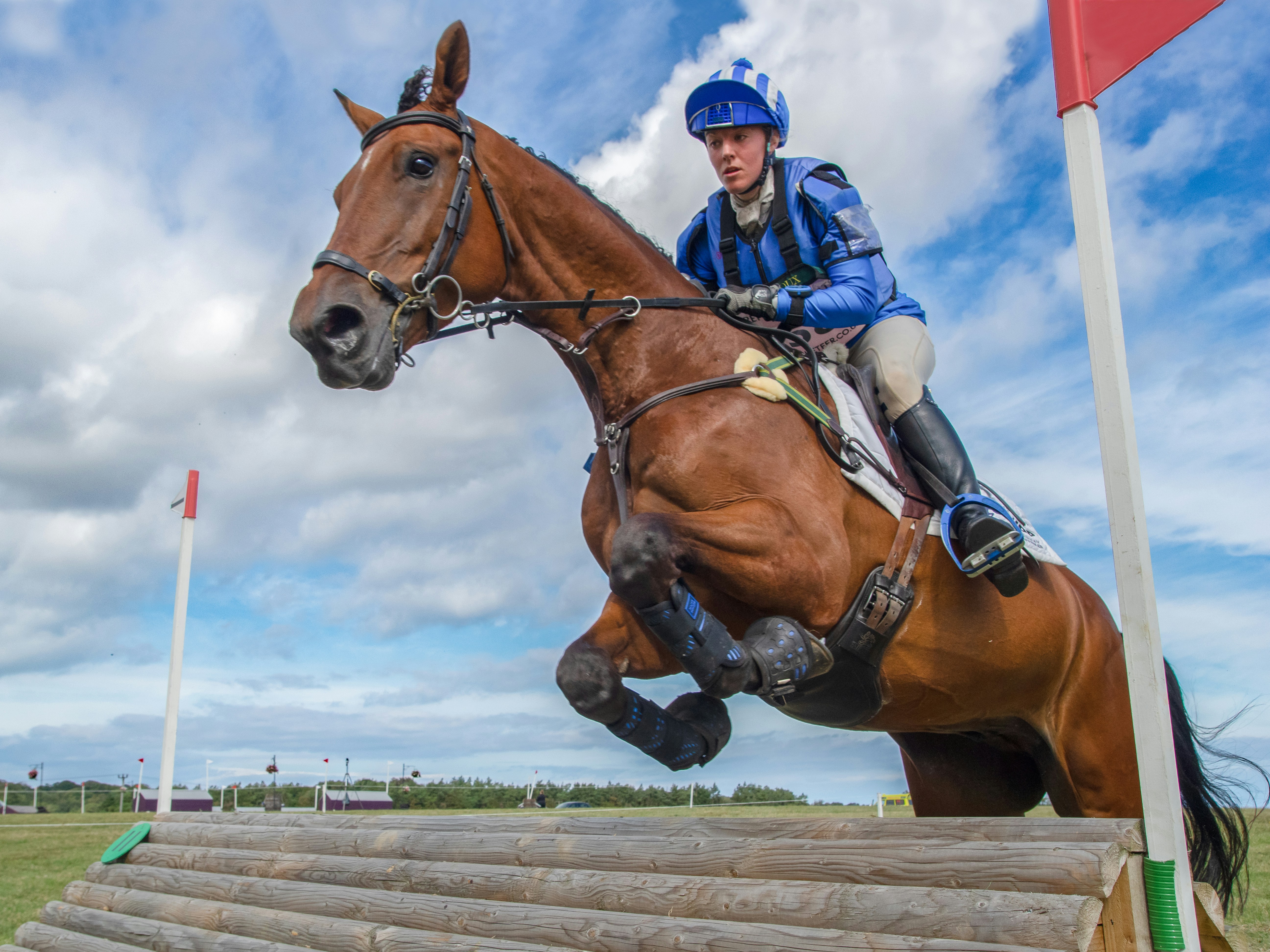 Braving the Jump: Rider and Thoroughbred Clear a Fence in Open Sky