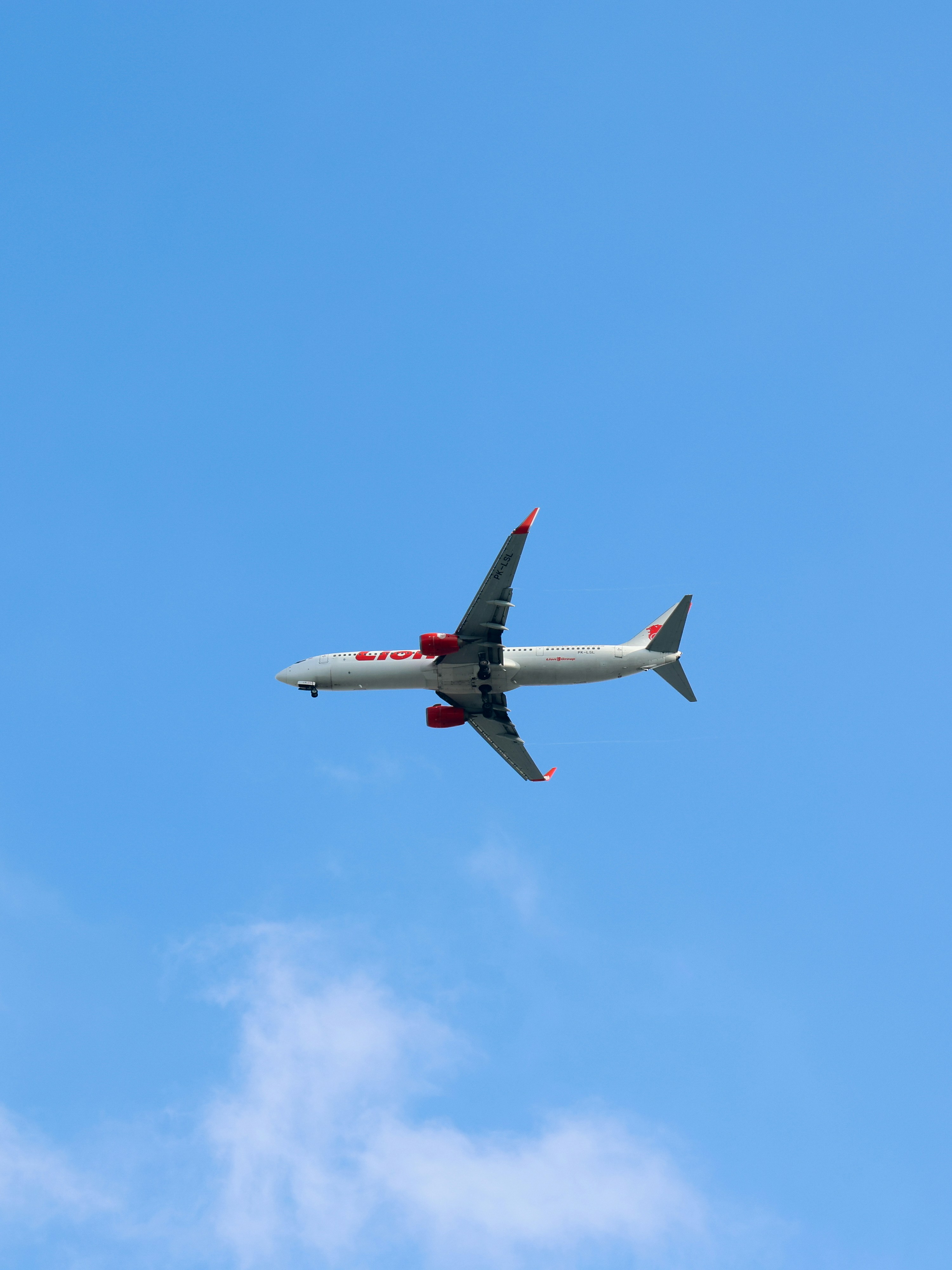 Airliner in midflight against a bright blue sky, photographed from below with the fuselage and red engine nacelles visible; a simple, uncluttered aviation shot.