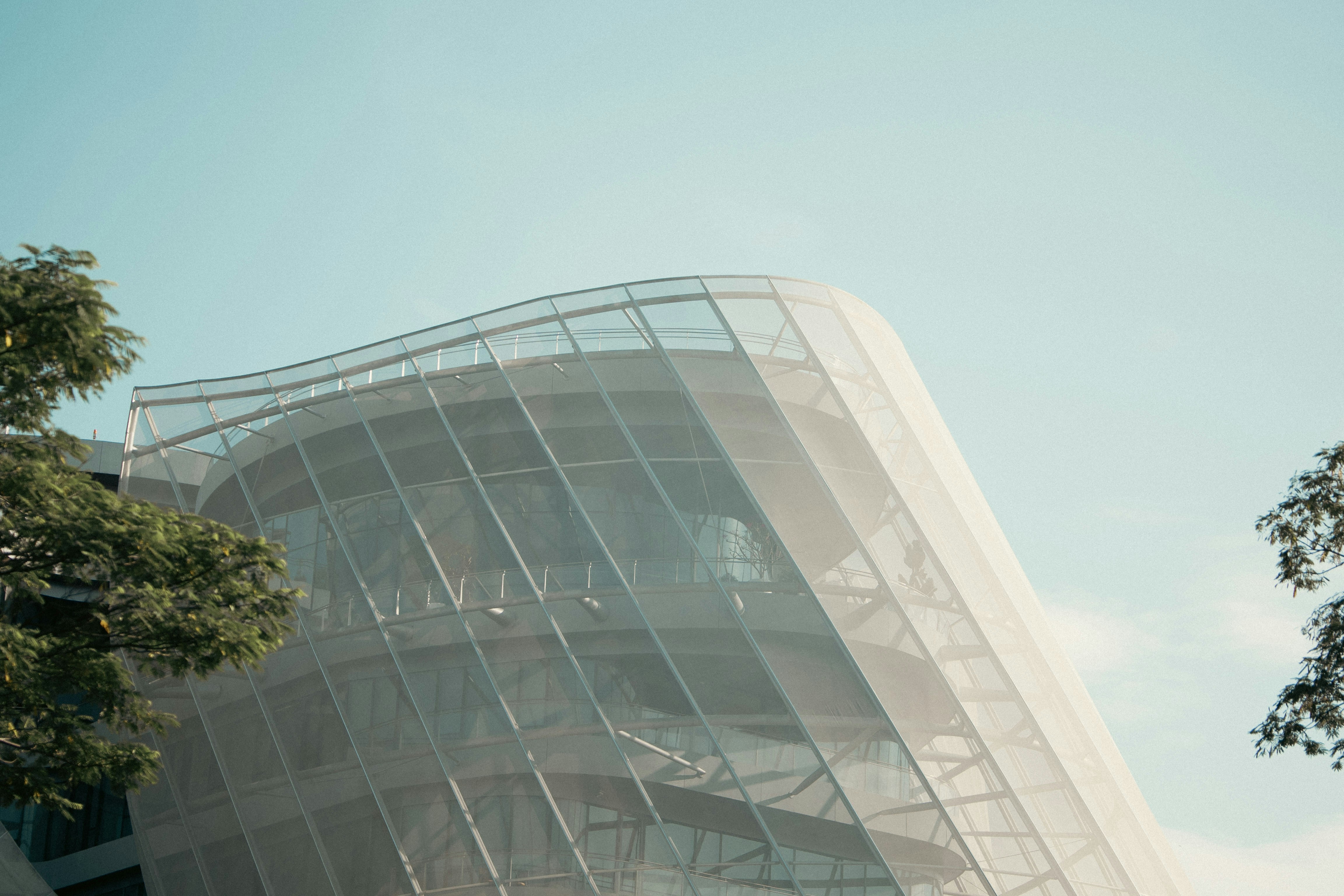 Glass Facade Arc: A Curved Modern Building Reaching Toward the Sky