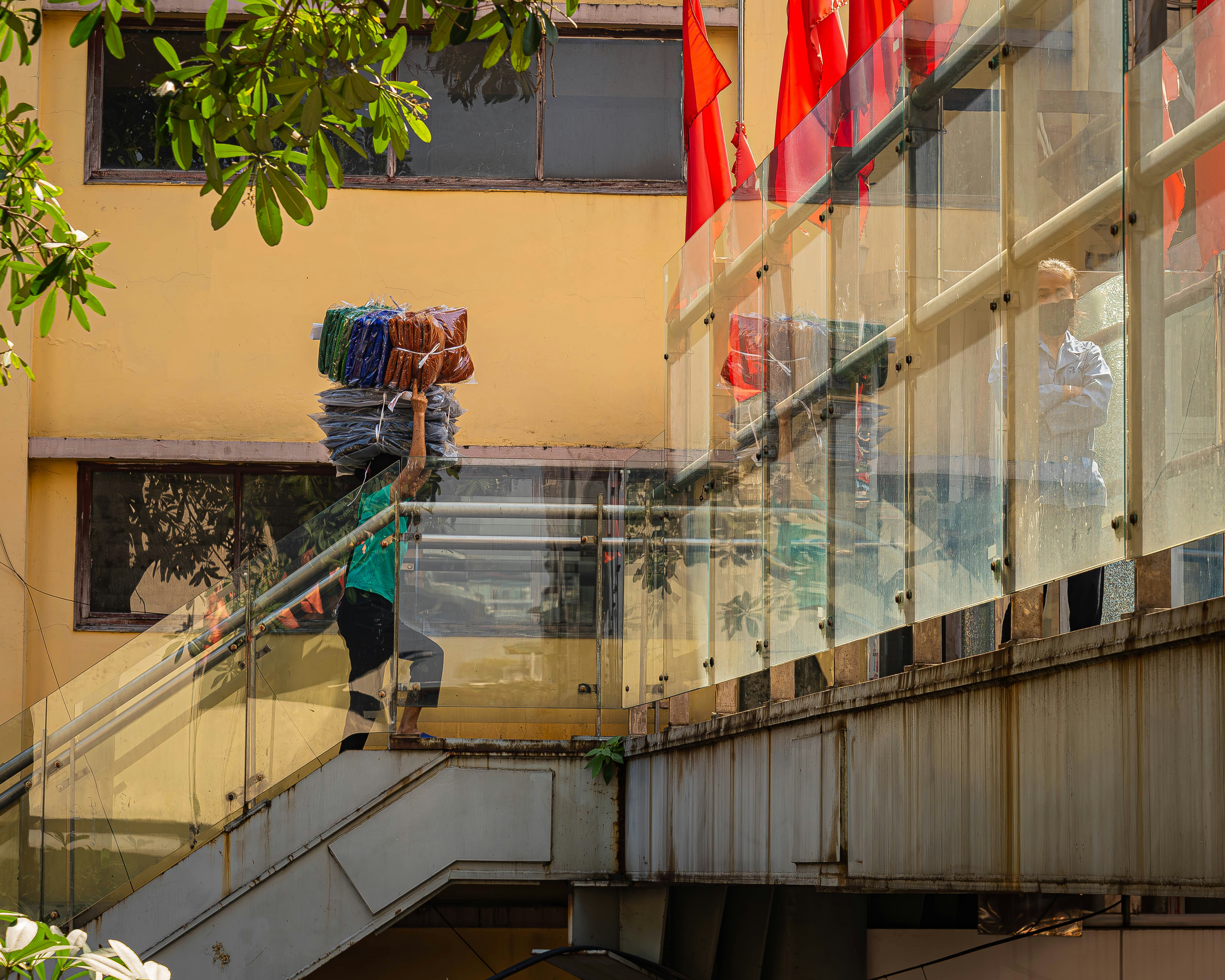 Carrier of Color: A Street Cleaner Past the Glass Rail