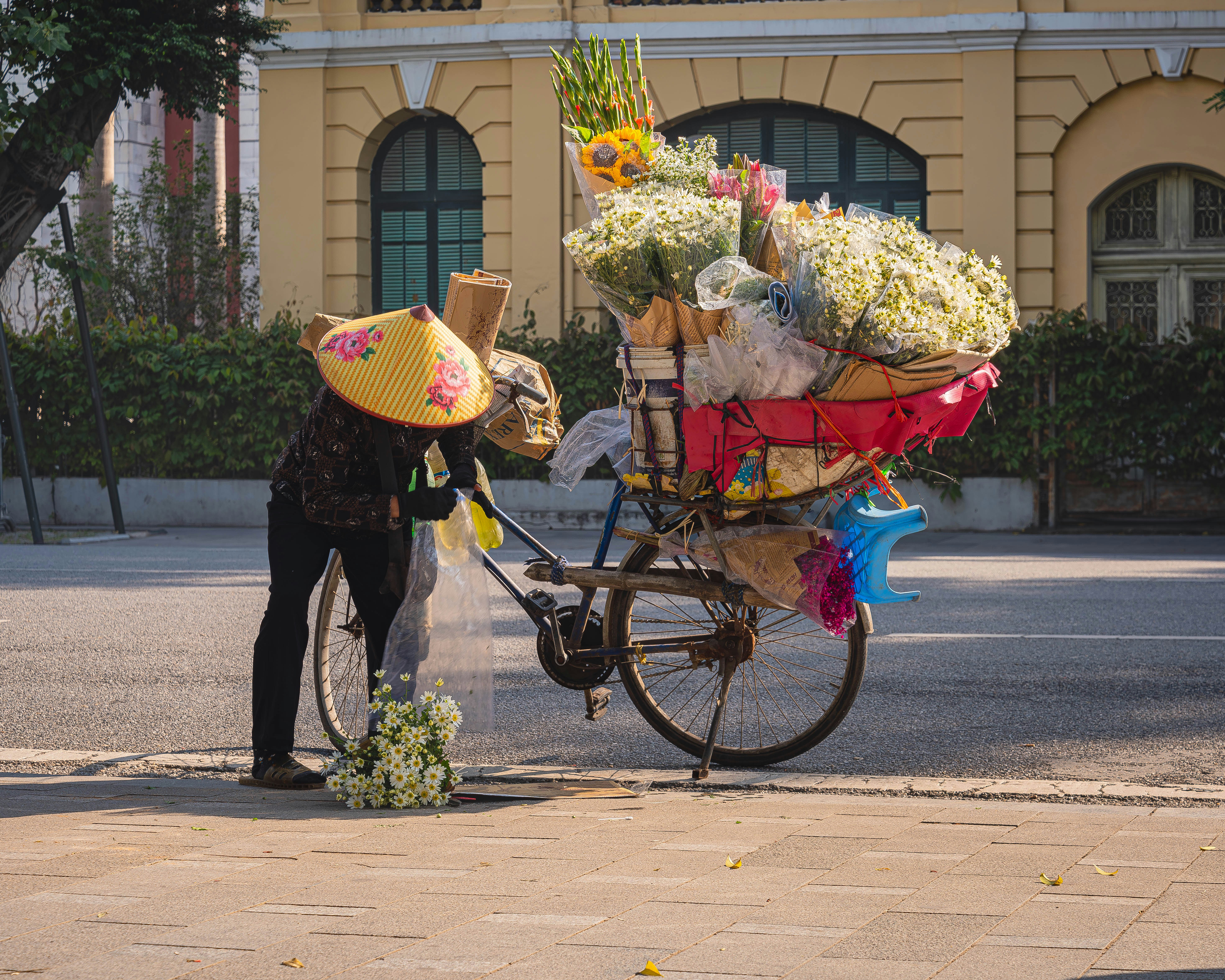 Flower-laden bicycle cart by the curb