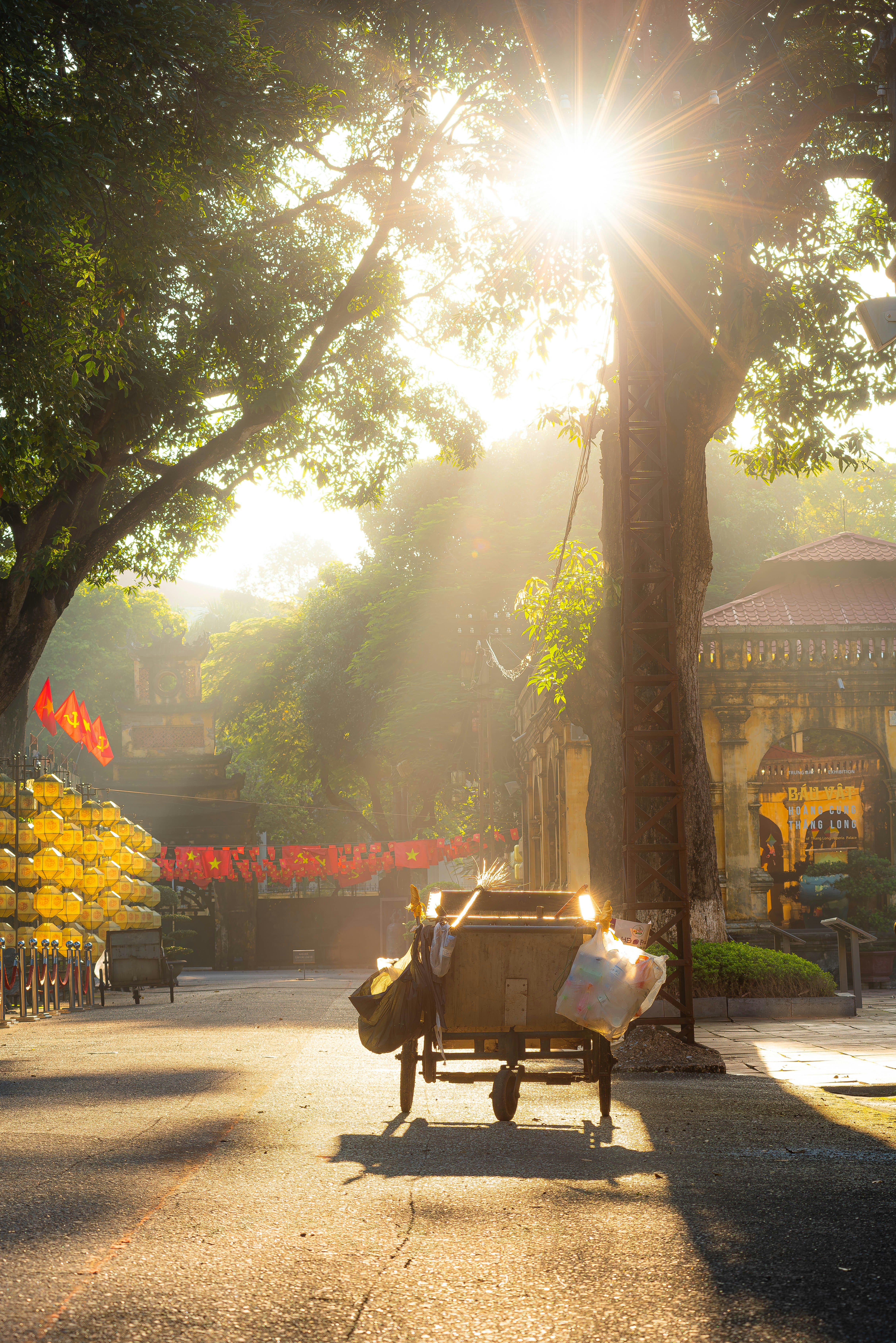 Sunlit Street Vendor Carriage at Dawn