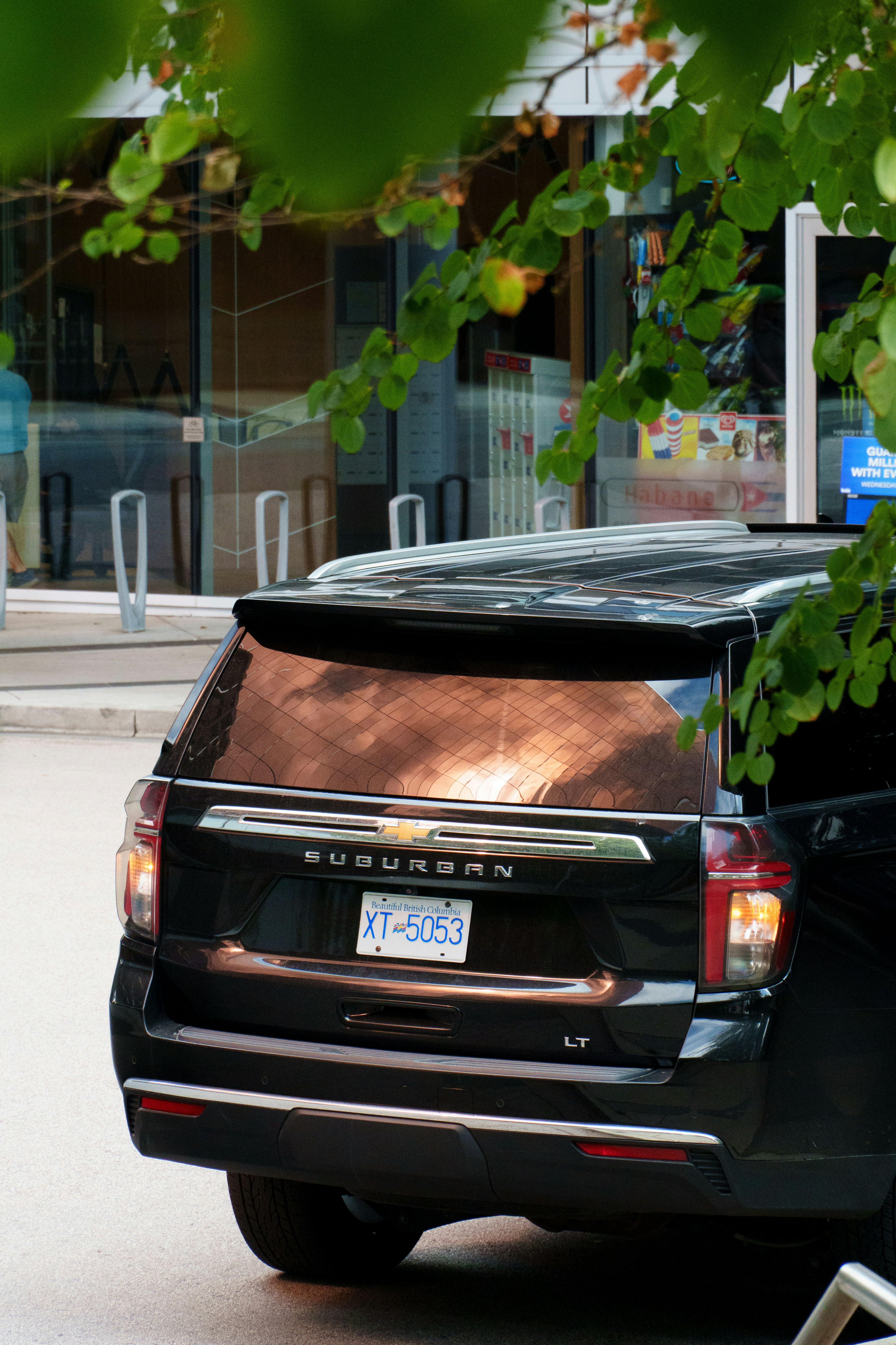 Backed by a Glassy Rear: Suburban SUV at a City Corner