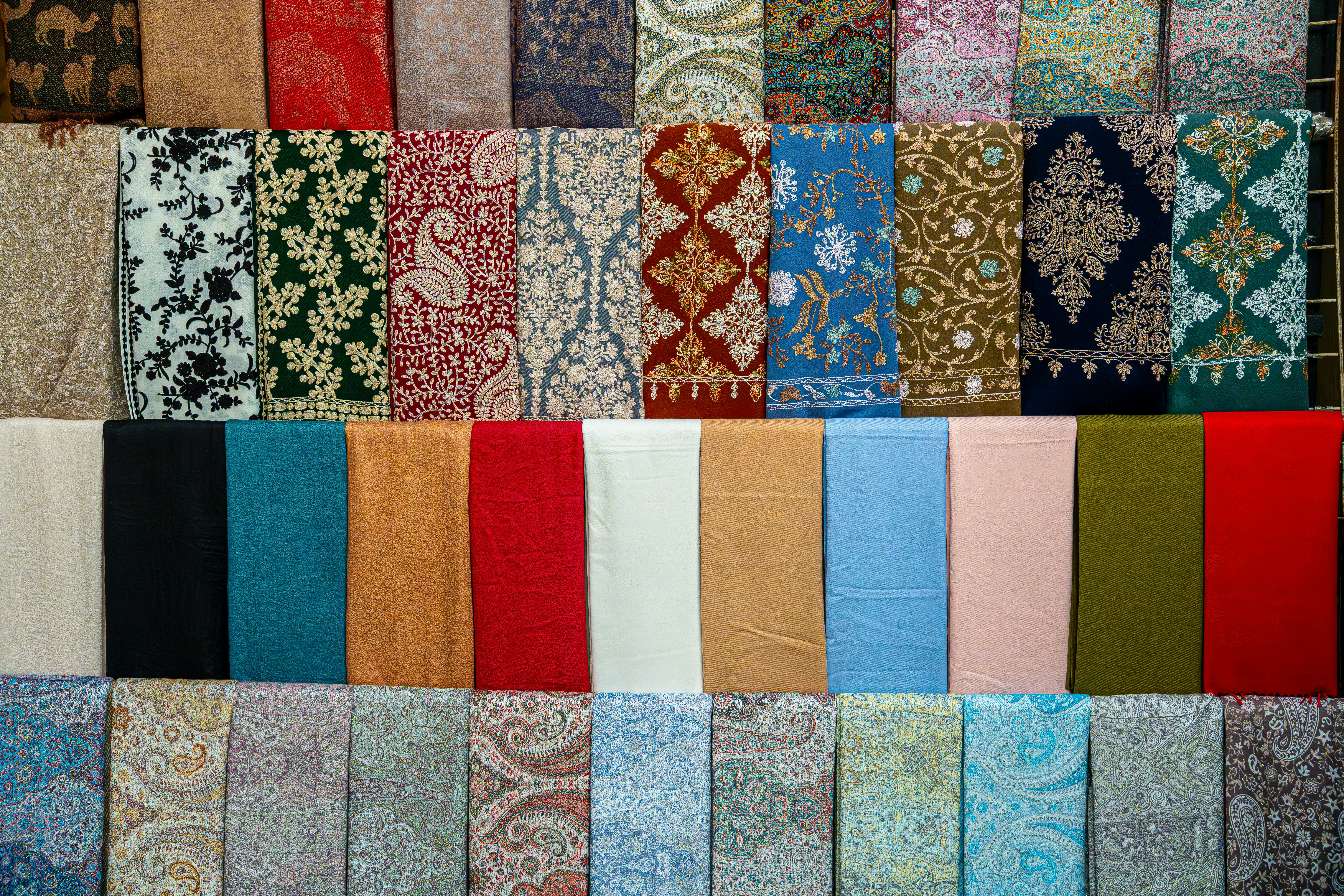 Patchwork of Textures: Fabric Swatches in a Colorful Display