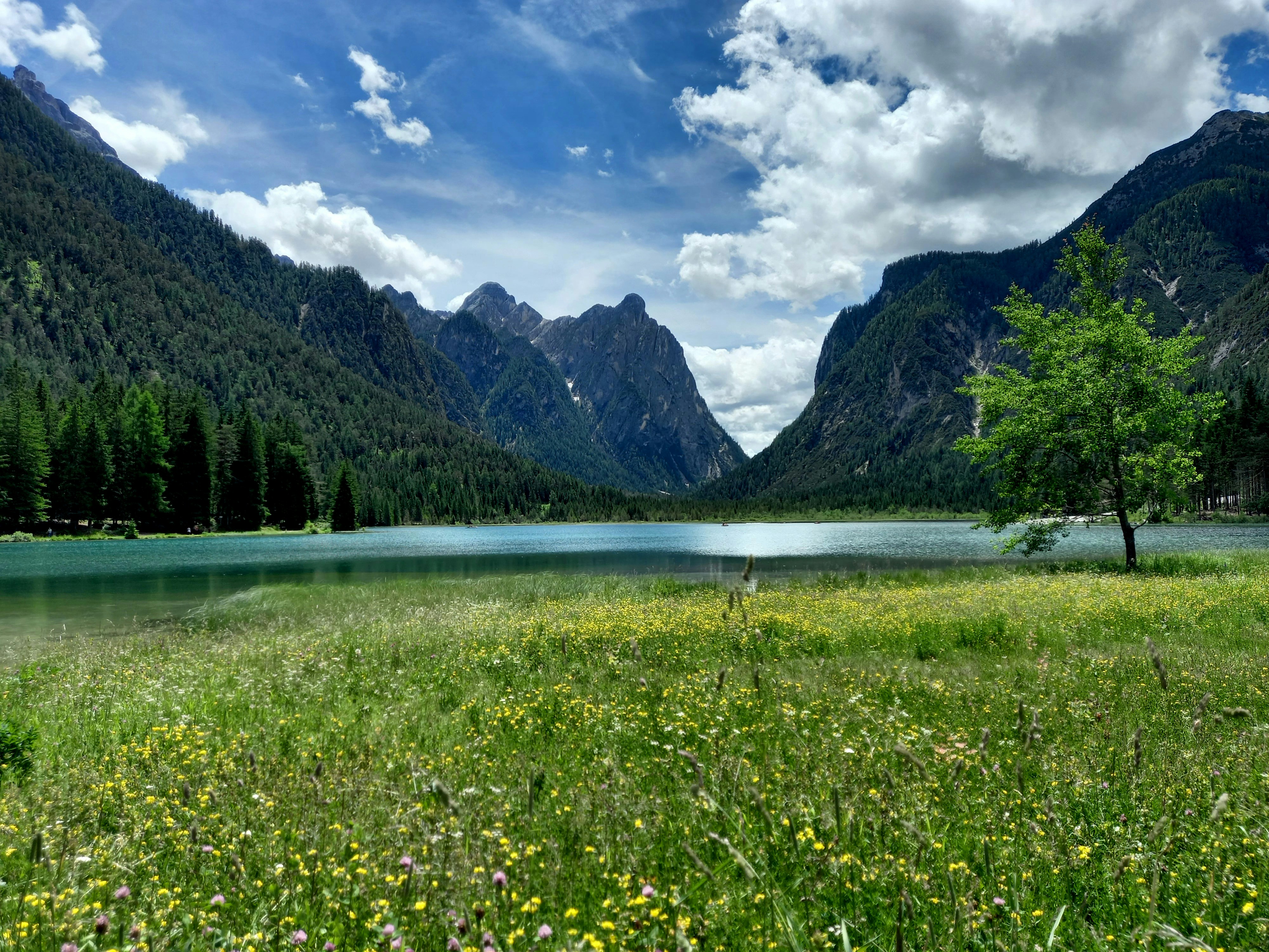 Azure Lake Between Emerald Fields and Peaks