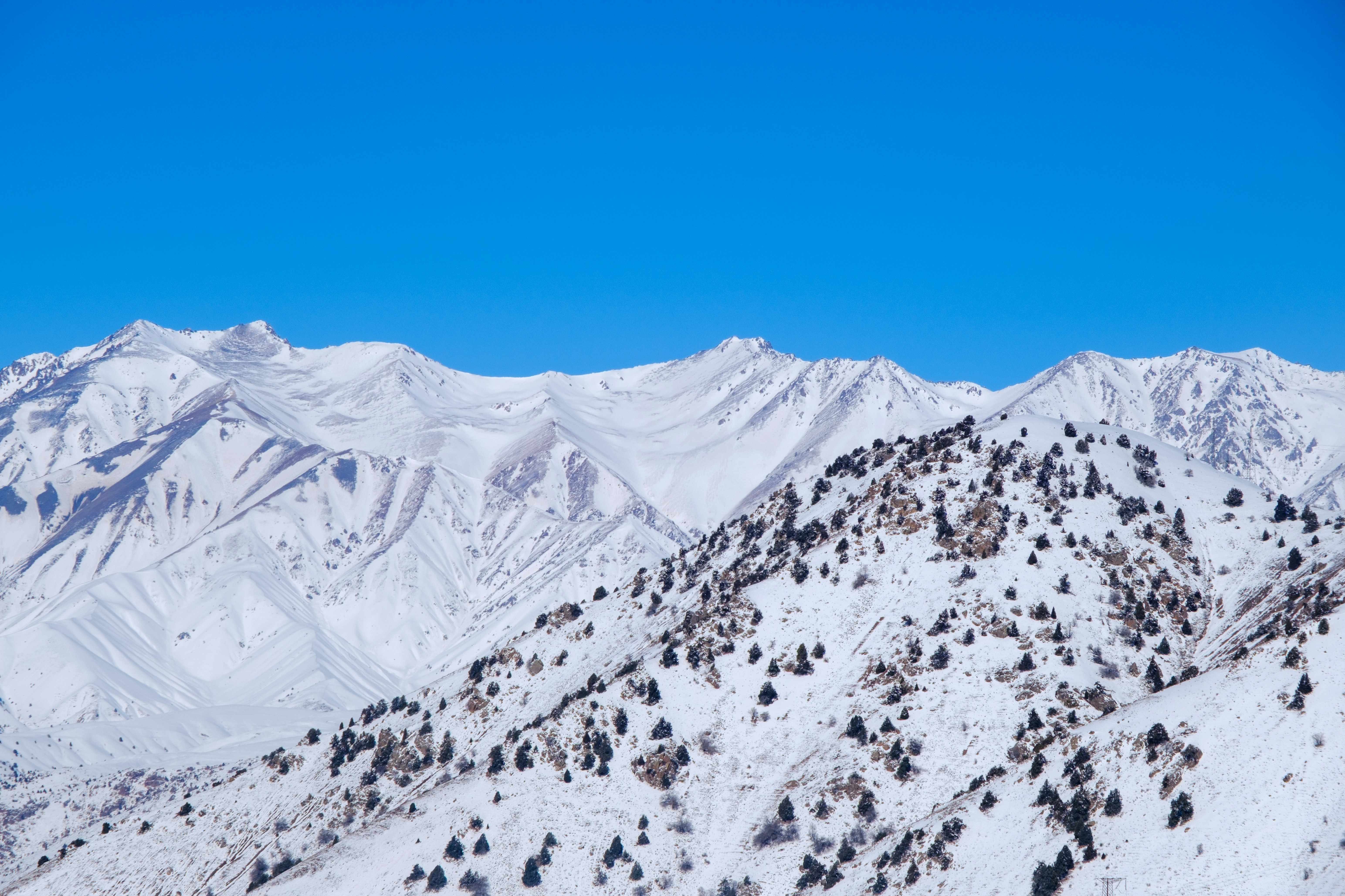 Winter Crest: Snow-Blanketed Peaks Beneath a Pristine Blue Sky