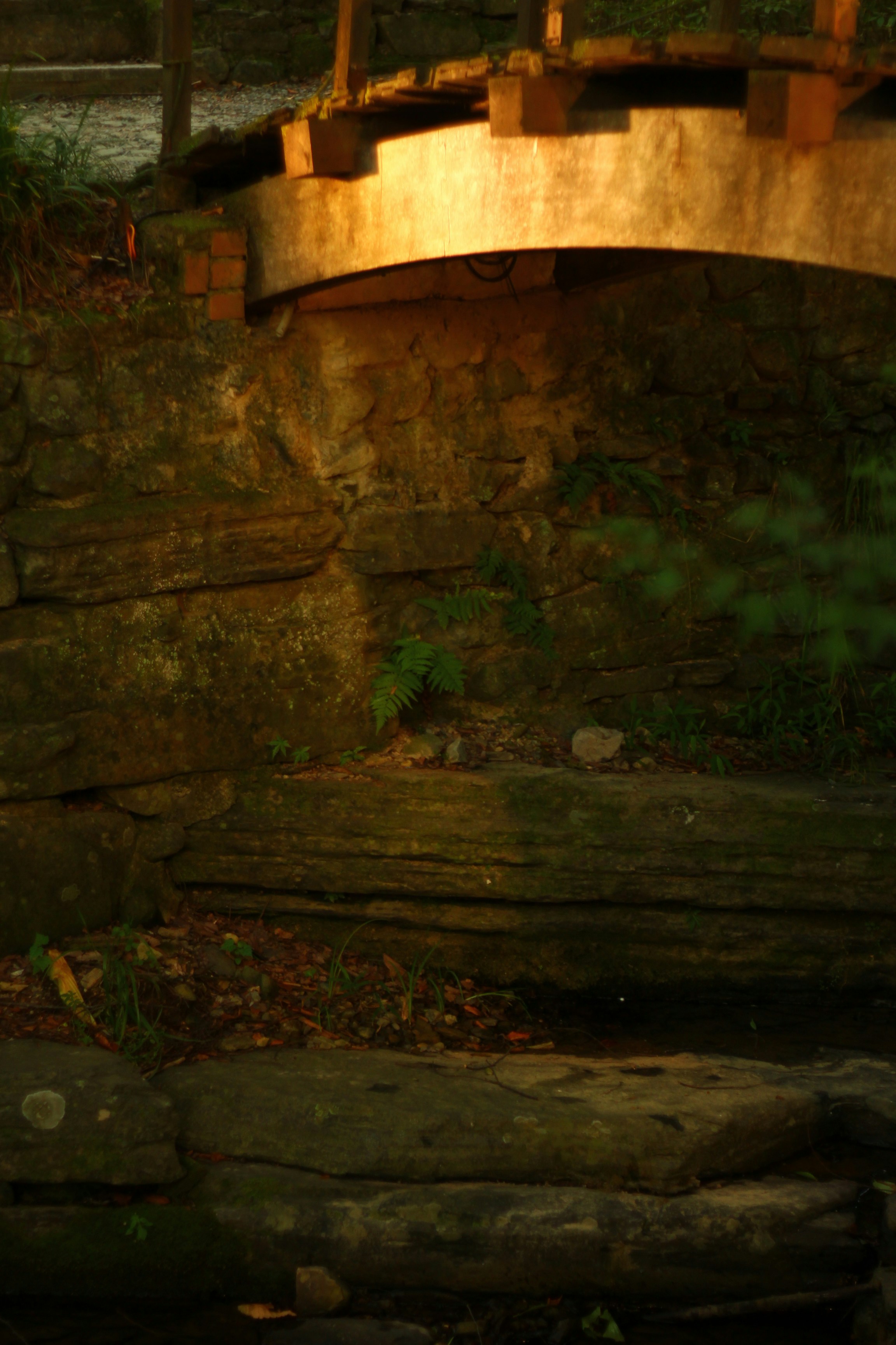 Amber-lit stone steps and a rustic bridge create a moody, old-world scene with subtle greenery. The composition emphasizes the texture of the stones and the warm glow on the bridge arc.