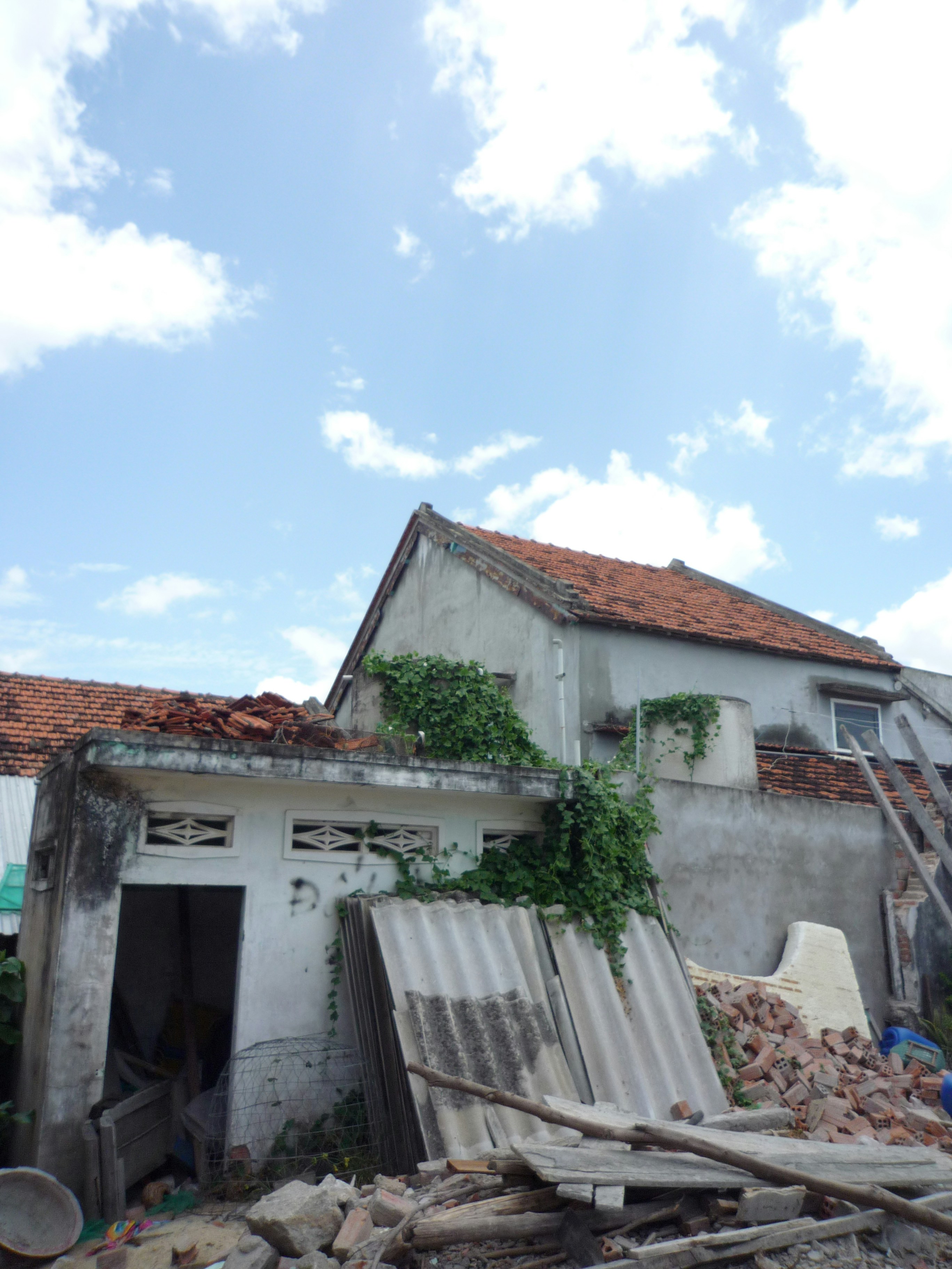 Collapsed Roofline and Rubble: A Quiet Aftermath in a Sunny Yard