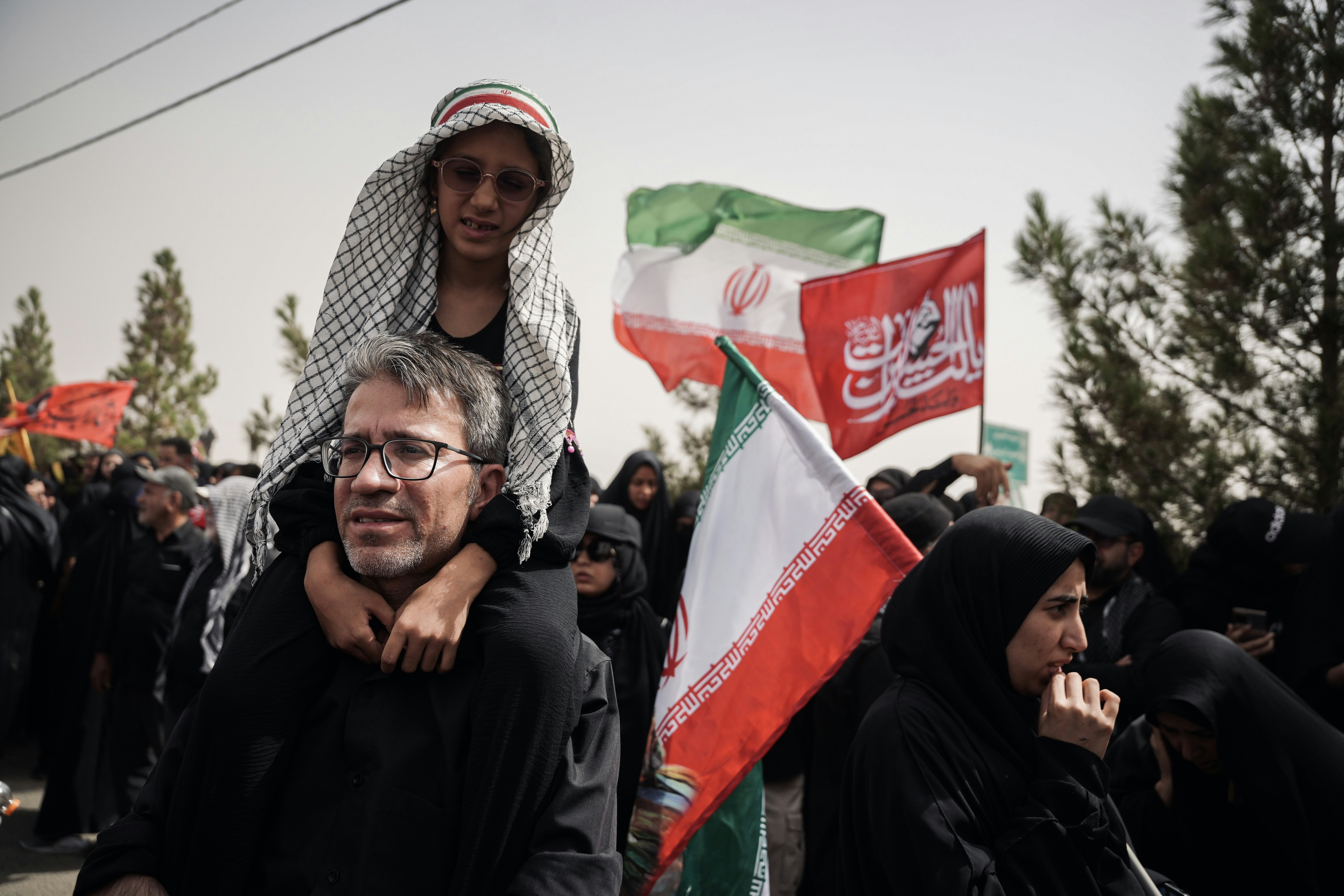 Child on Shoulders Amid Flags and Protesters